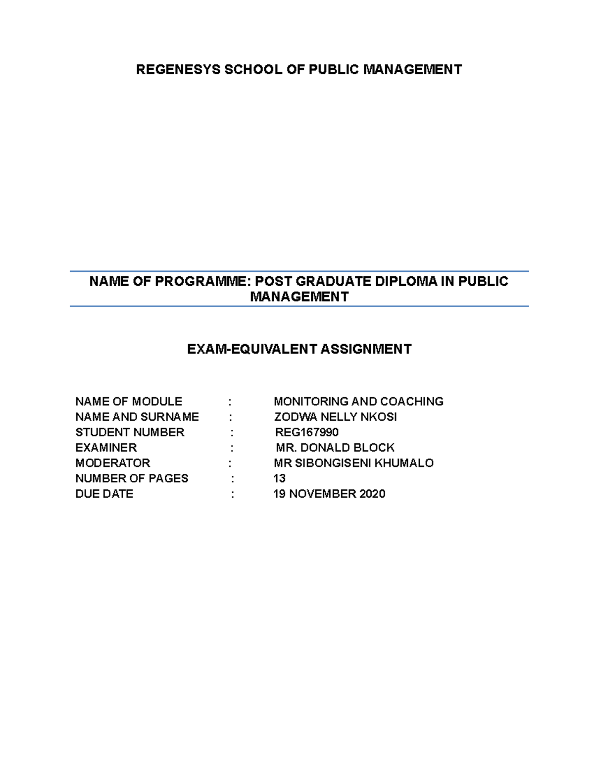 Mentoring and Coaching Exam-Equivalent Assignment - REGENESYS SCHOOL OF ...