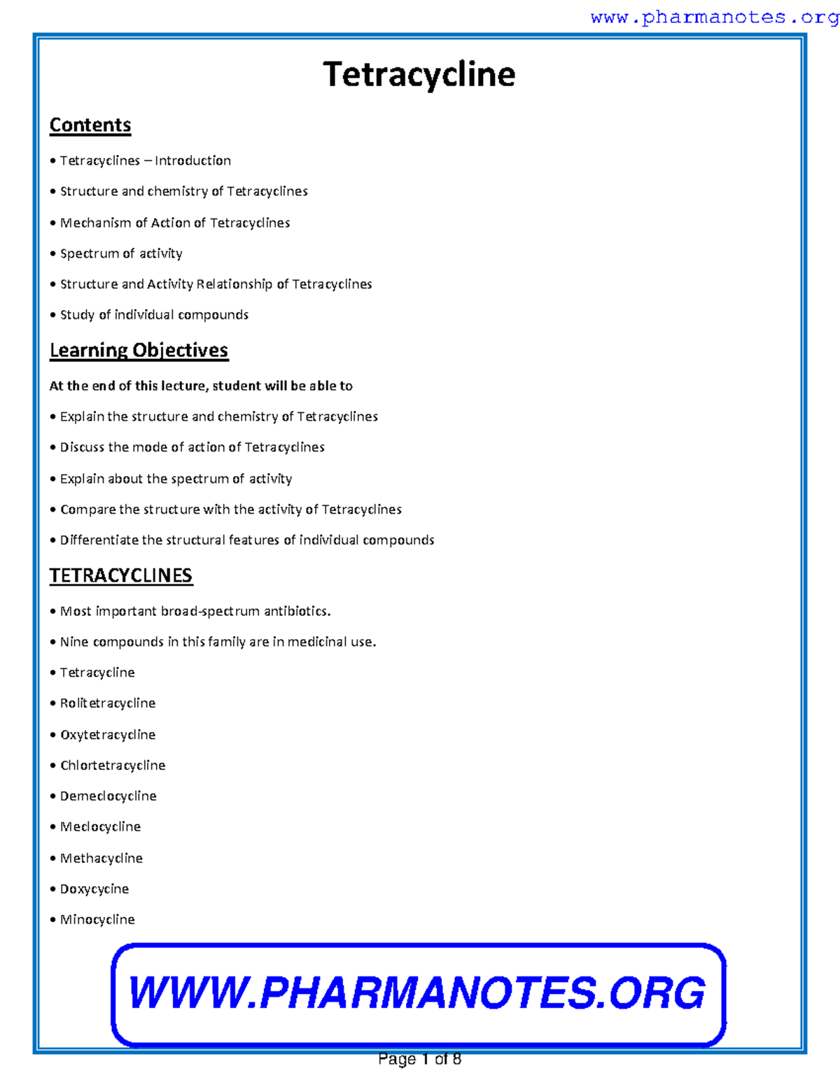 Tetracyclines - Tetracycline Contents Tetracyclines – Introduction ...