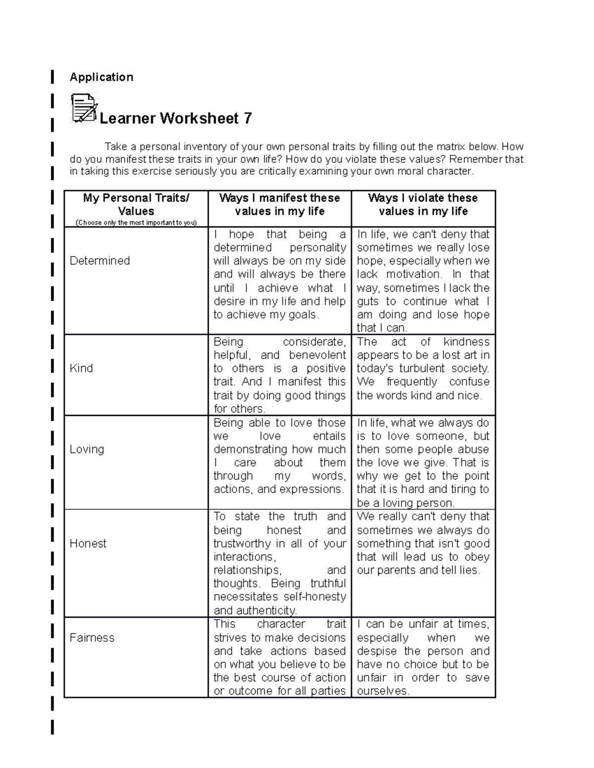 Learner Worksheet 7 - Dream big and don't give up keep on fighting for ...