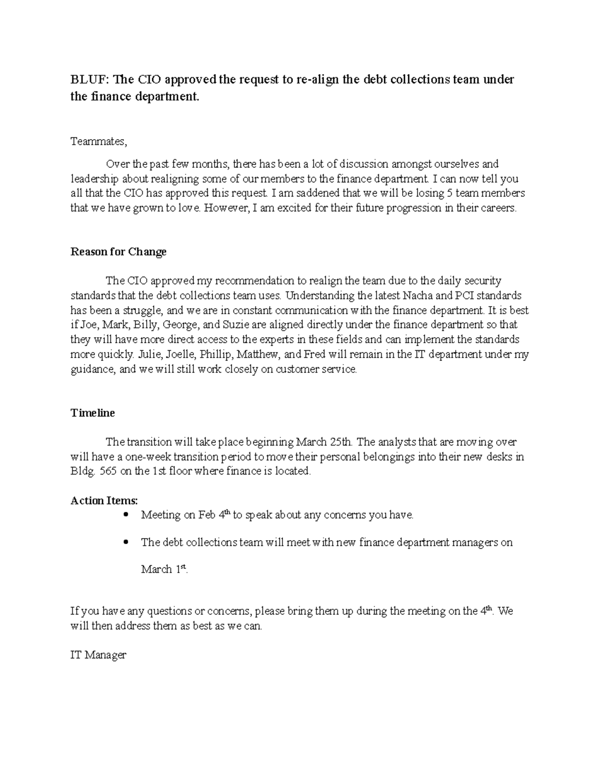 C948 Analyst E-mail - Completed Assignment - BLUF: The CIO approved the ...