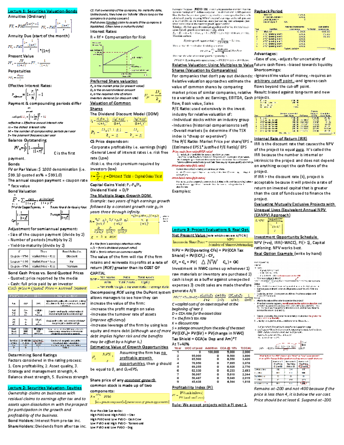 Midterm Cheat Sheet - Lecture 1: Securities Valuation-Bonds Annuities ...