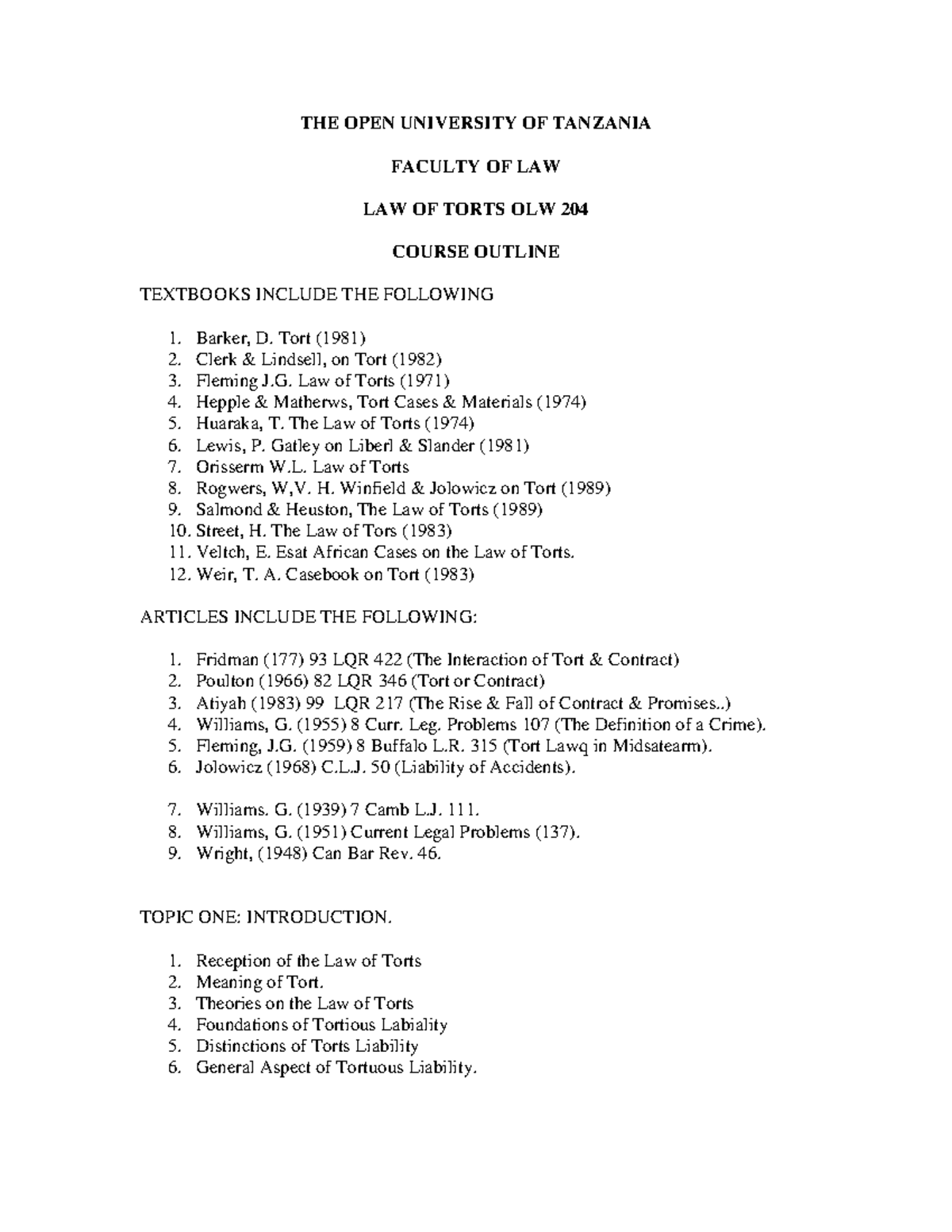 Law of tort course outline - THE OPEN UNIVERSITY OF TANZANIA FACULTY OF ...