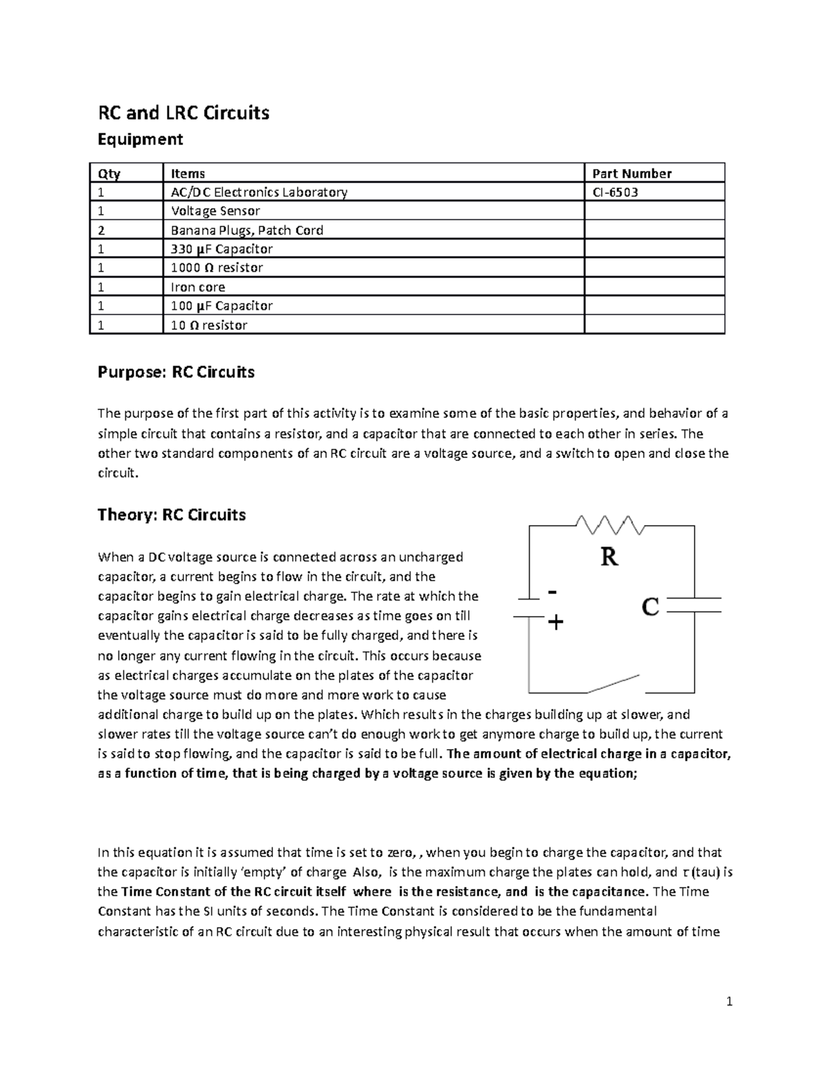 RC and LRC Circuits Lab Edited 8 - RC and LRC Circuits Equipment Qty ...