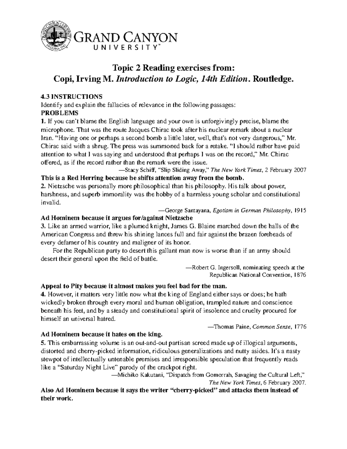 Com362 t2 reading exercises - Topic 2 Reading exercises from: Copi, Irving M. Introduction to ...