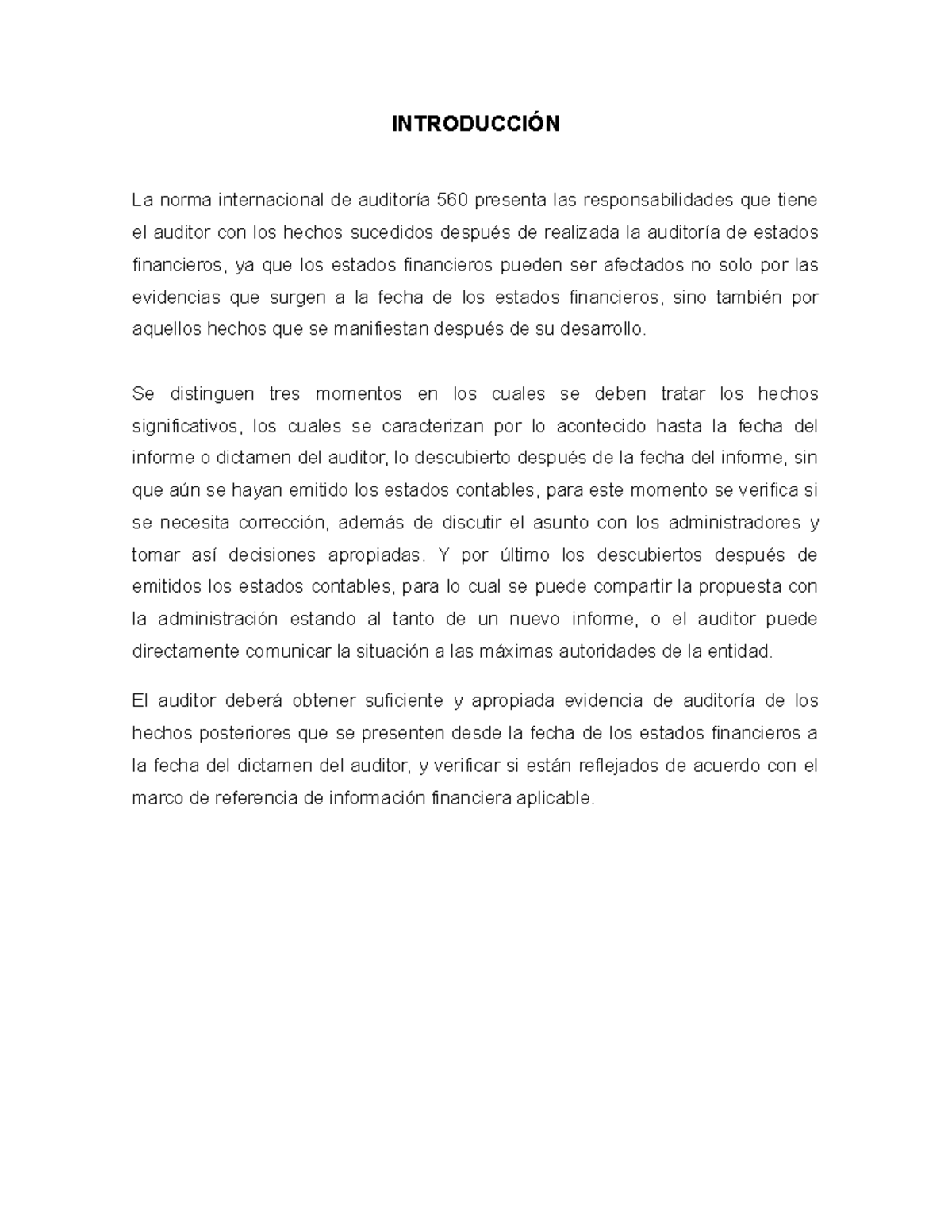 NIA 560 - TEORIA - INTRODUCCIÓN La norma internacional de auditoría 560 ...