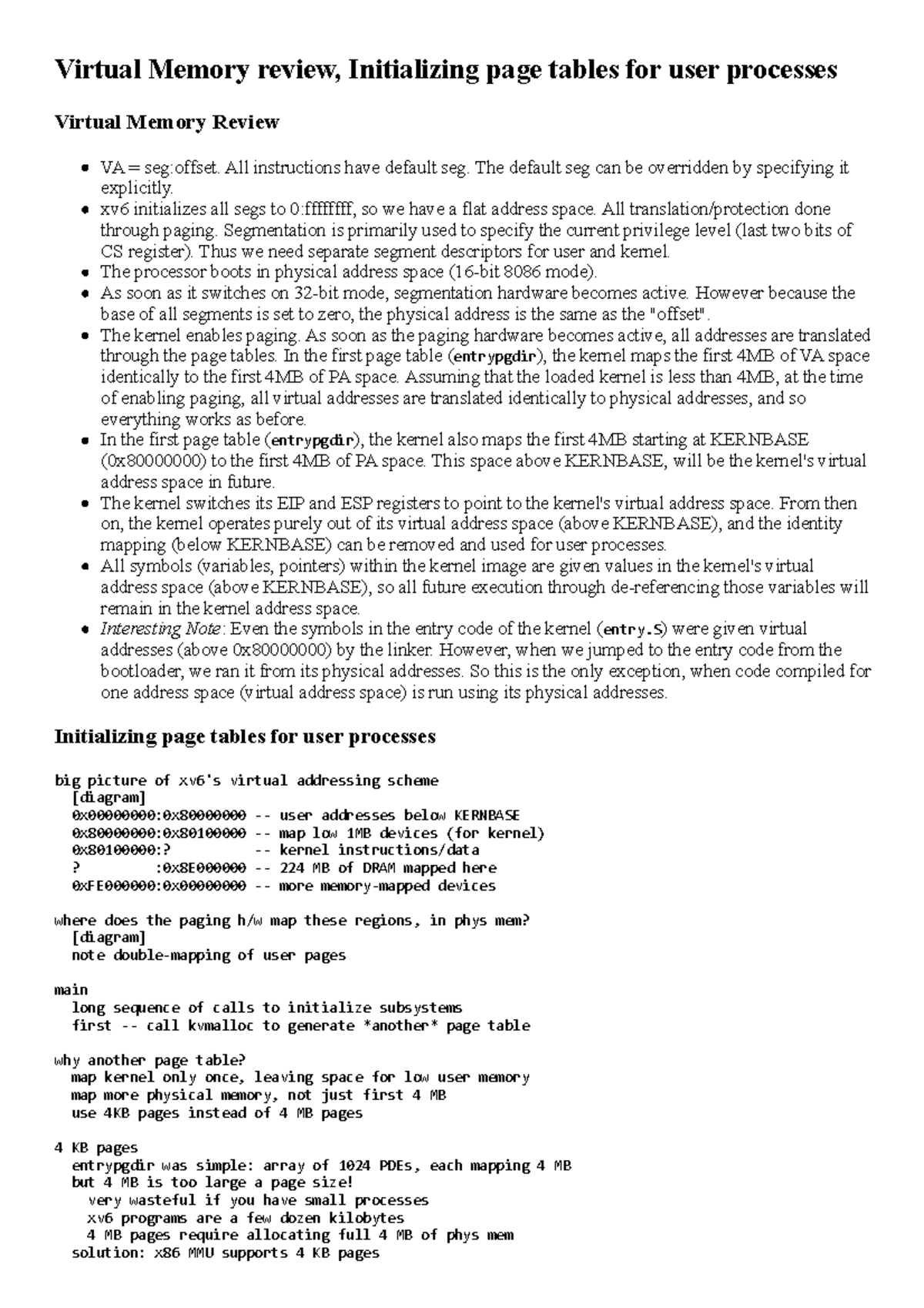 L15 - Operating Systems - Virtual Memory review, Initializing page tables for user processes ...