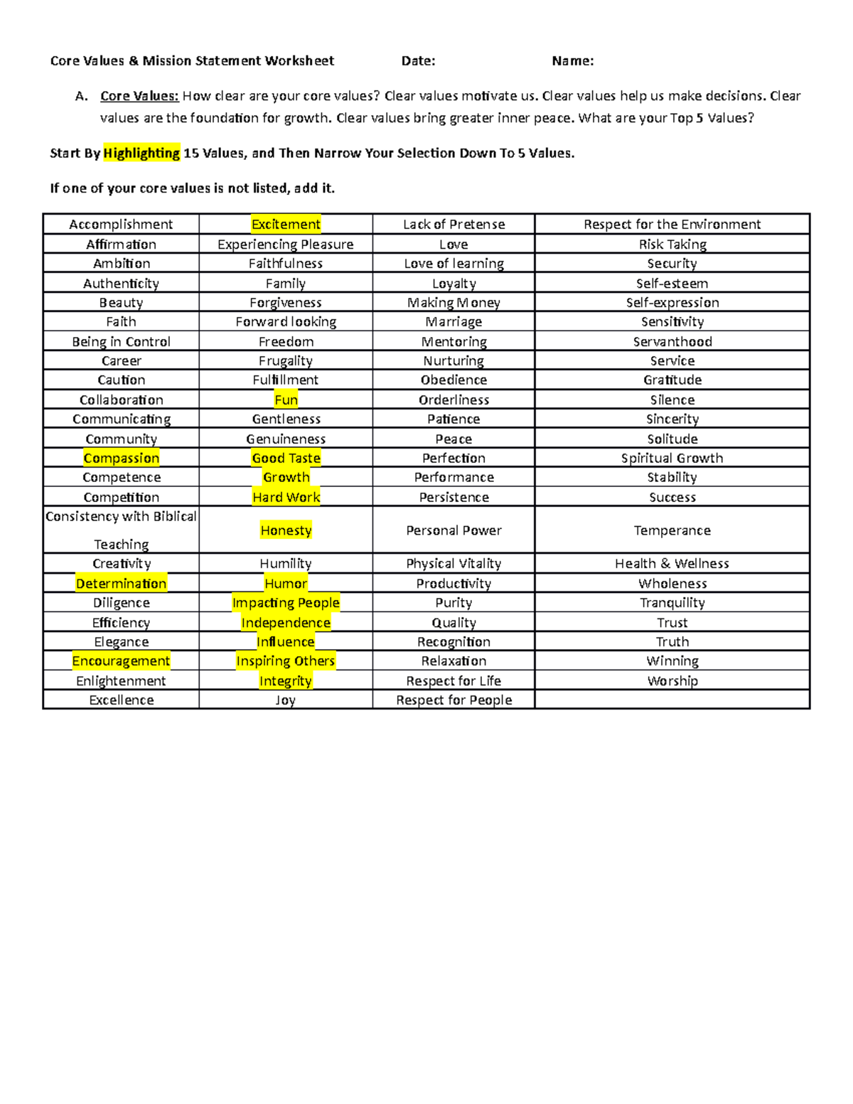 Core Values and Mission Statement Worksheet 2021REV - Core Values ...
