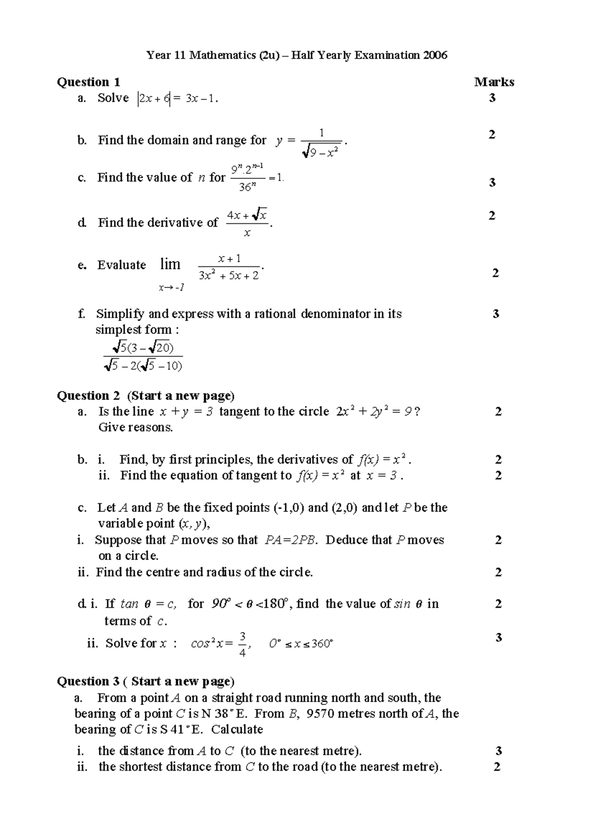 Exam 17 December 2010, questions - Year 11 Mathematics (2u) – Half ...