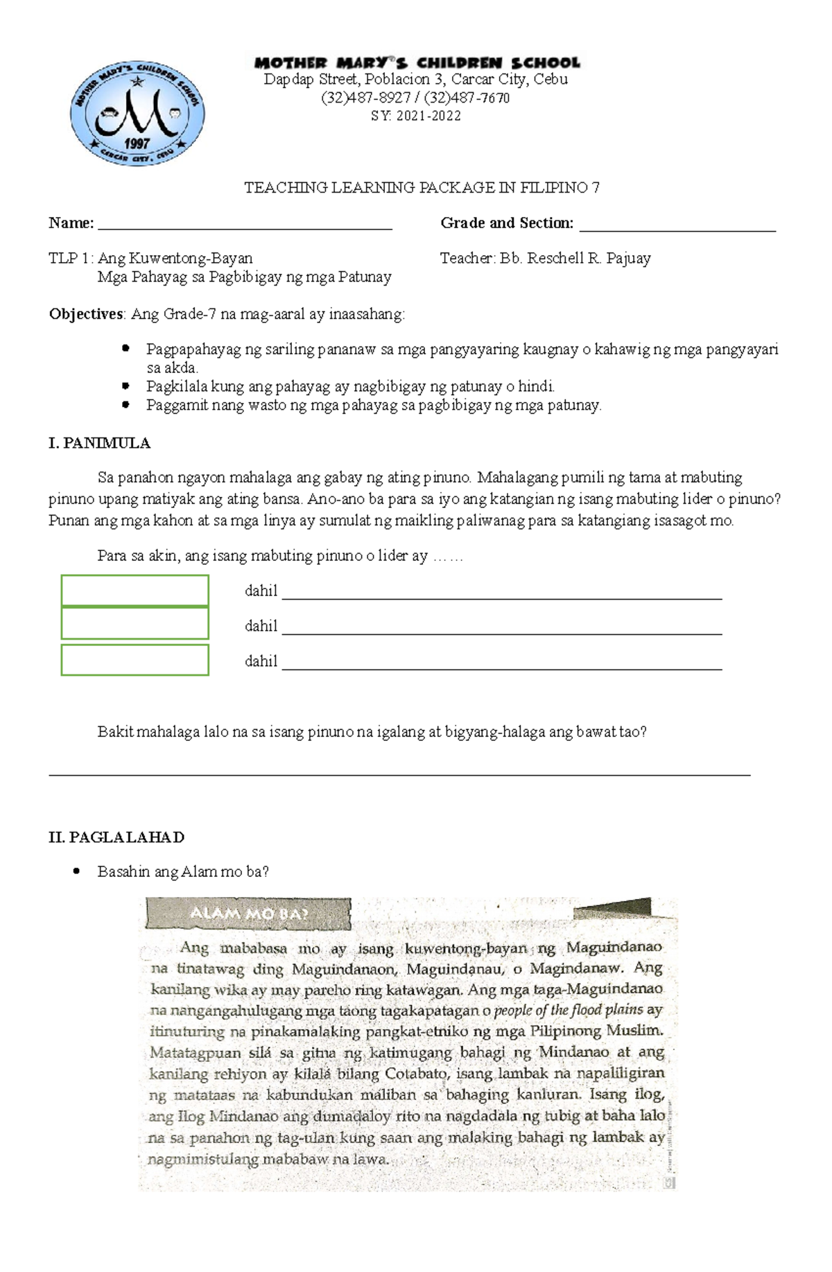 Filipino 7- TLP 1 - It can be a lecture notes with activities. It is a ...