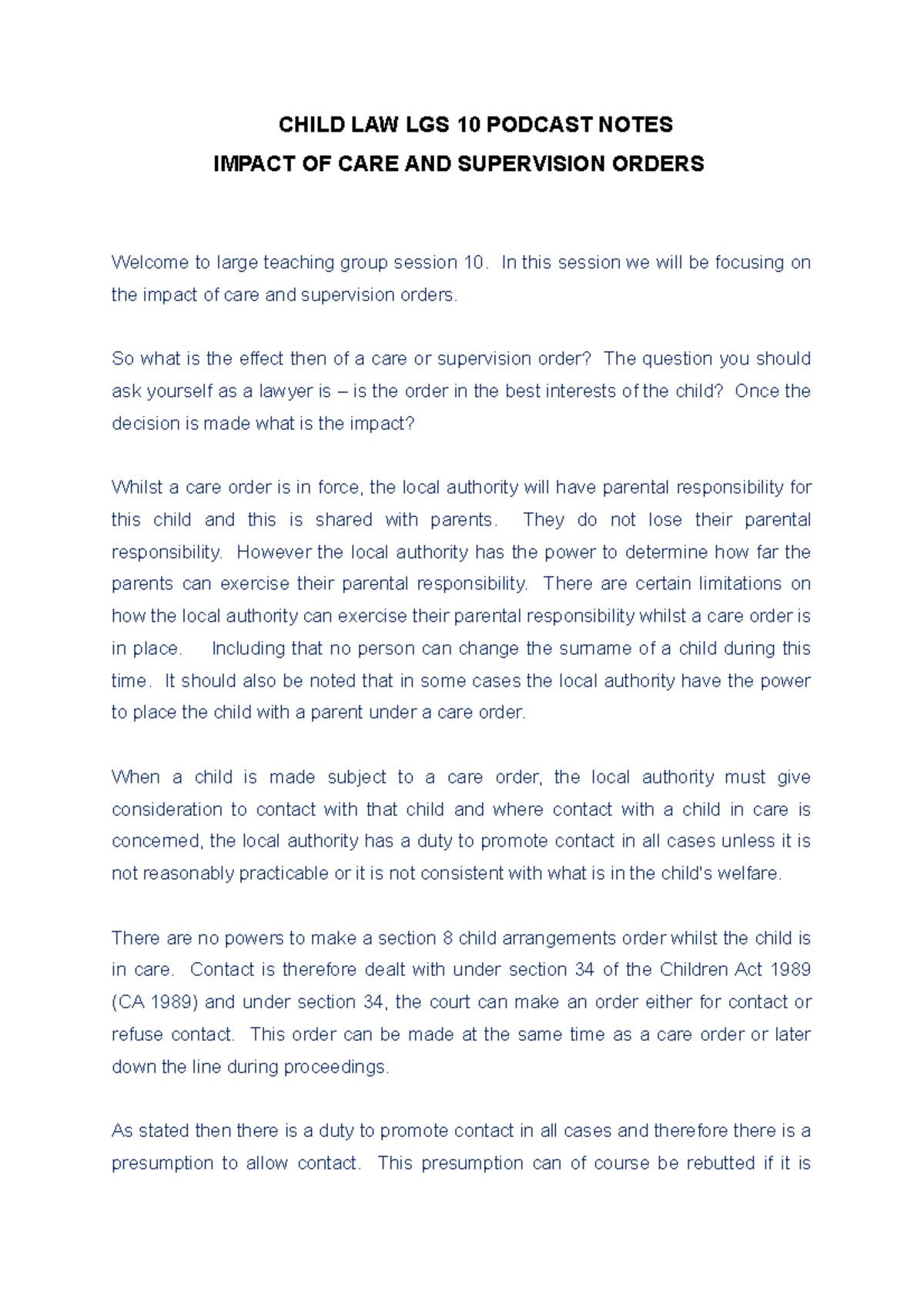 Child LAW LGS 10 Podcast Notes Impact OF CARE AND Supervision Orders ...