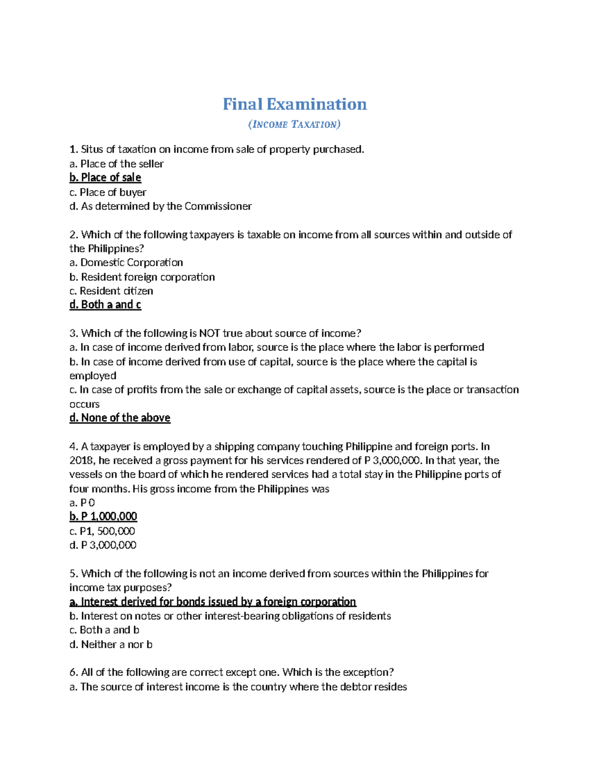 Tax finals - Practice materials - Final Examination (INCOME TAXATION ...