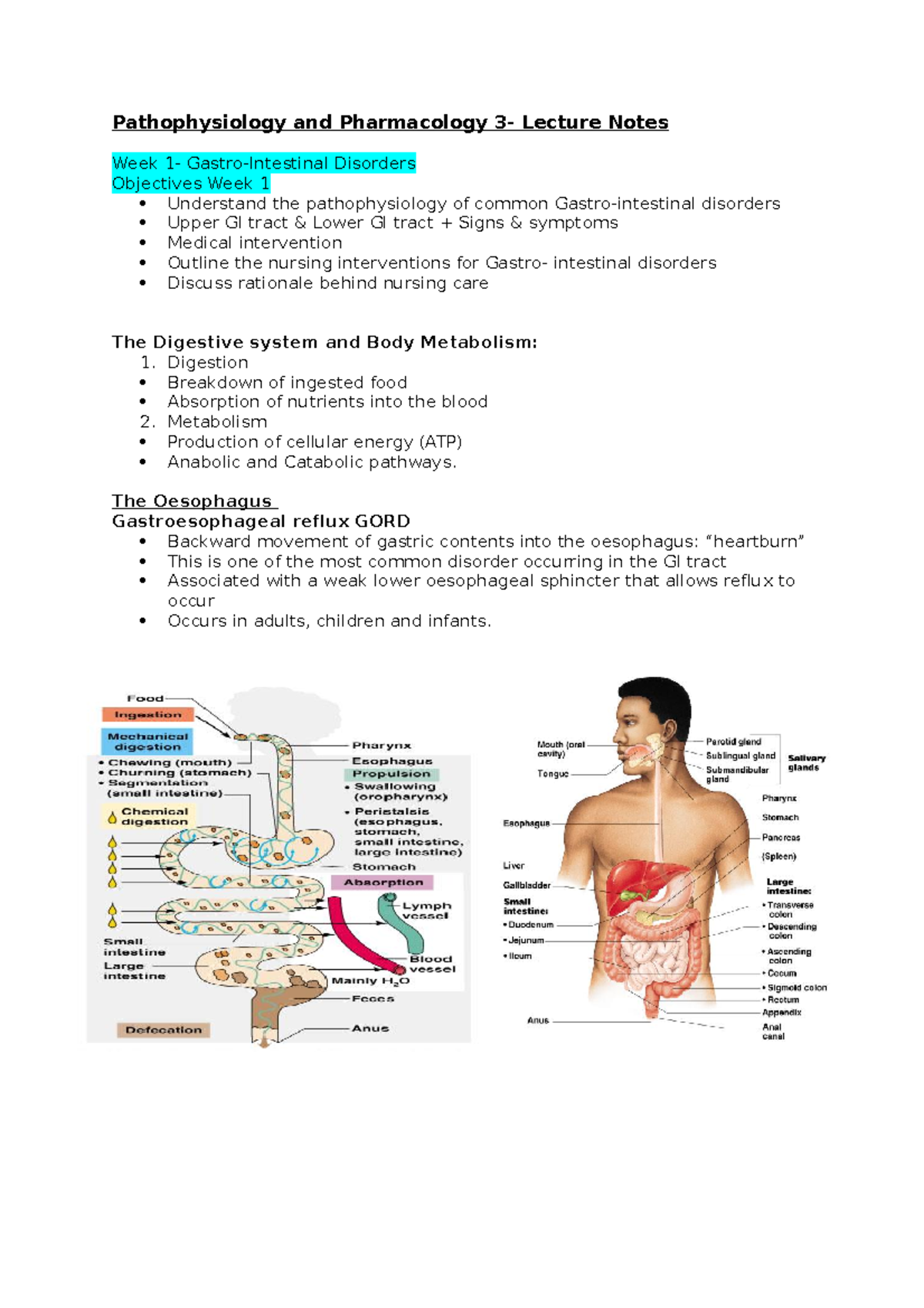Lecture Notes - Pathophysiology and Pharmacology 3- Lecture Notes Week ...