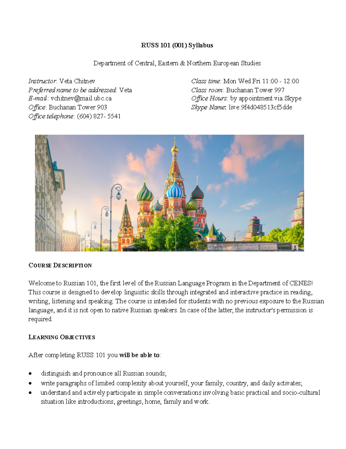 RUSS 101 004 Syllabus 22 - RUSS 101 (001) Syllabus Department of ...