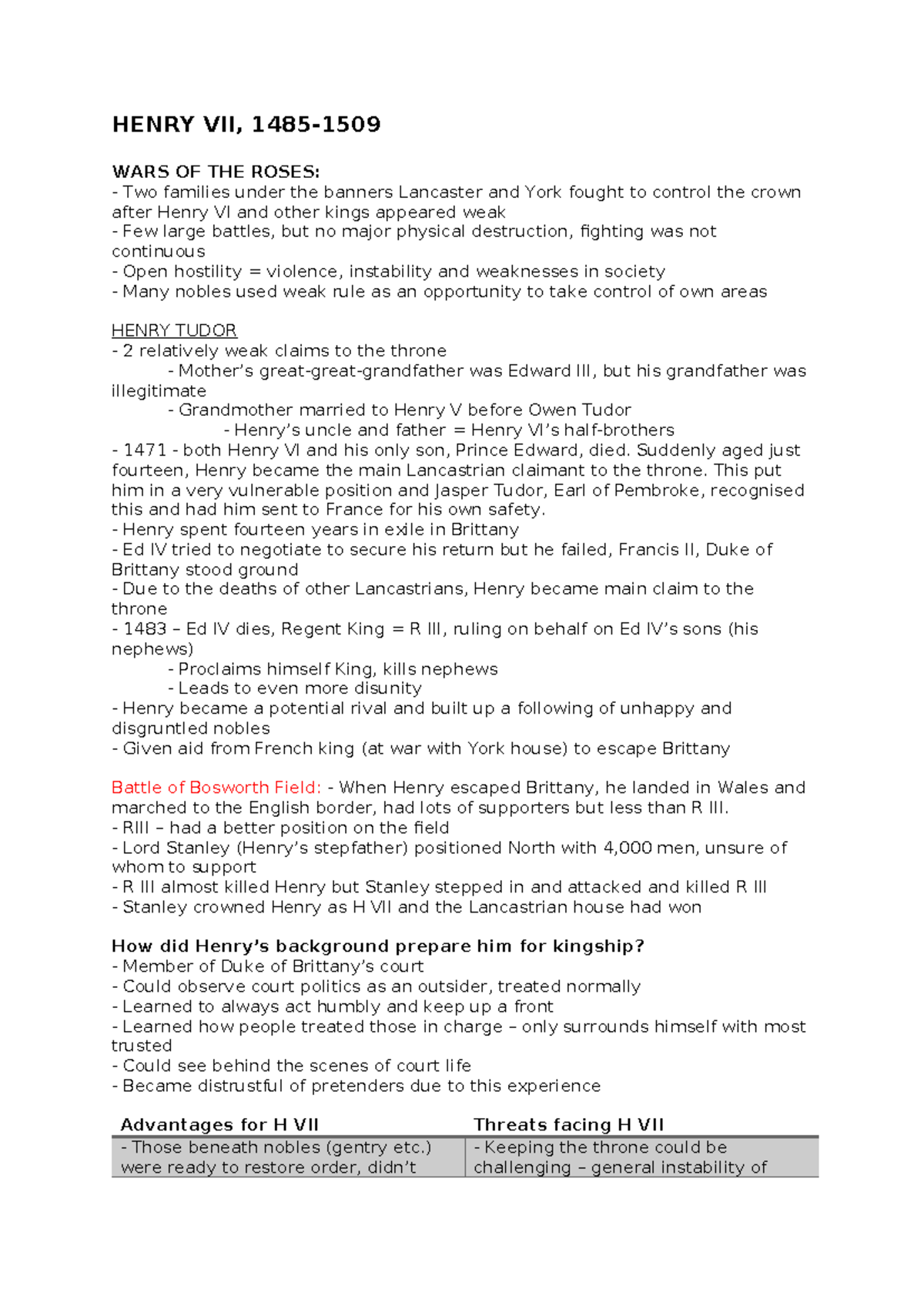 Tudors notes - as tudor - HENRY VII, 1485- WARS OF THE ROSES: Two ...