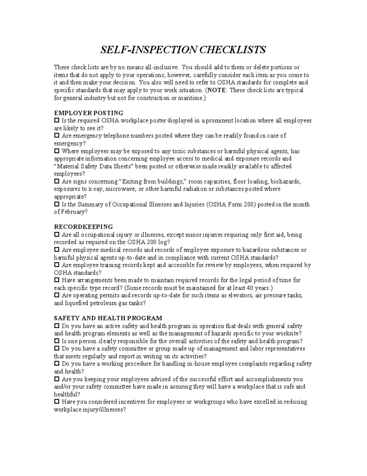 OSH Self Inspection Checklist v1 - SELF-INSPECTION CHECKLISTS These ...