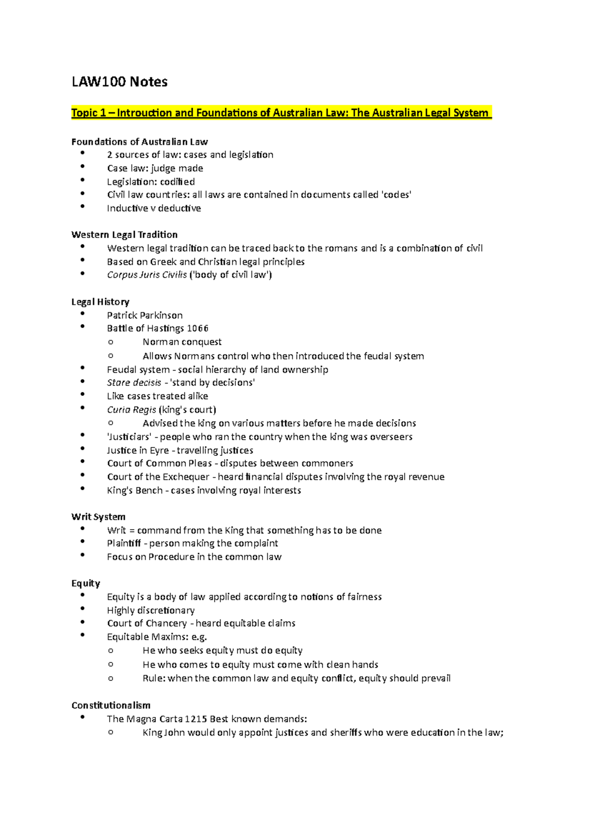 LAW100 Lecture Notes - LAW100 Notes Topic 1 – Introuction and ...