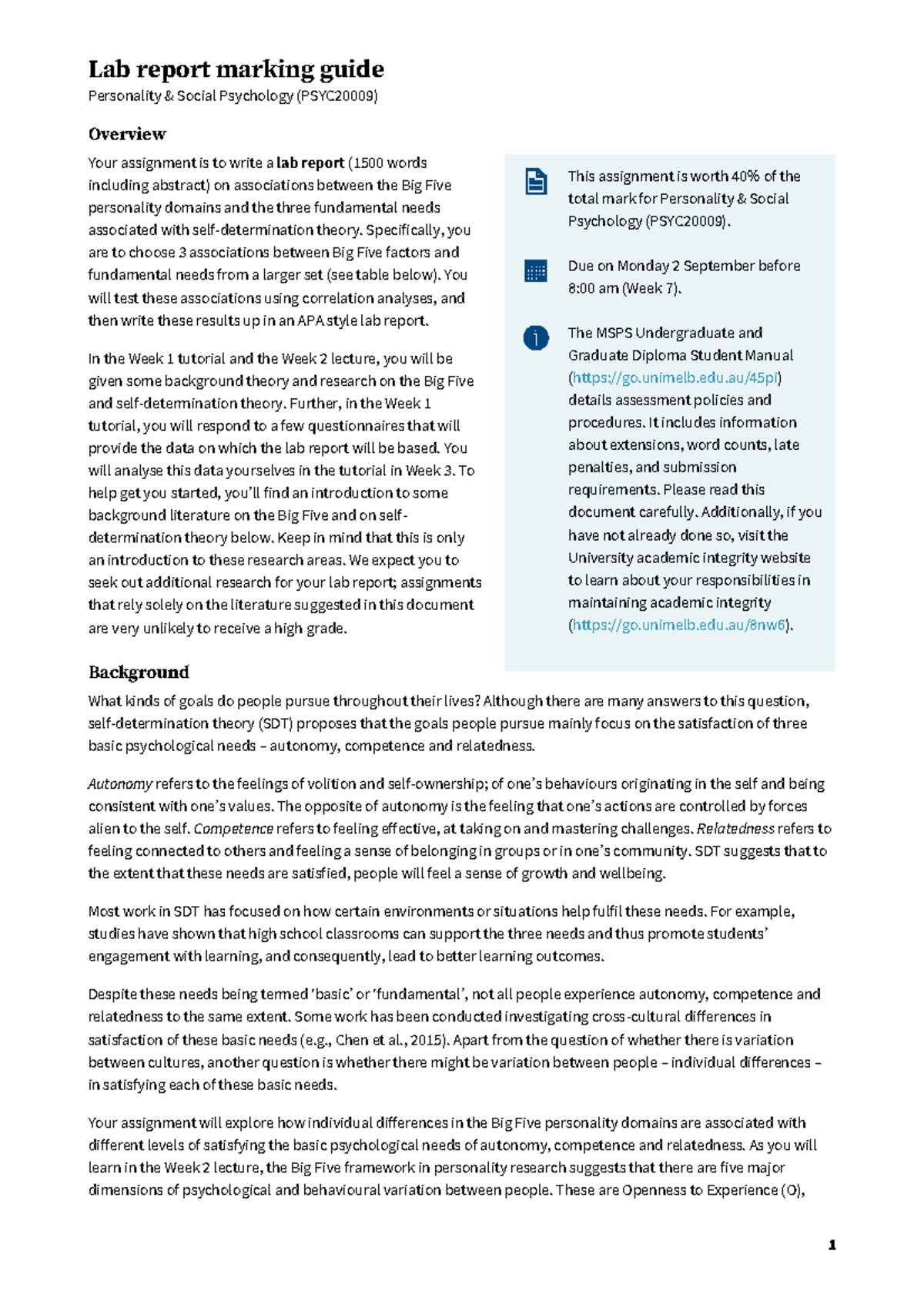 2024 Assessment marking-guide V1 - Lab report marking guide Personality ...