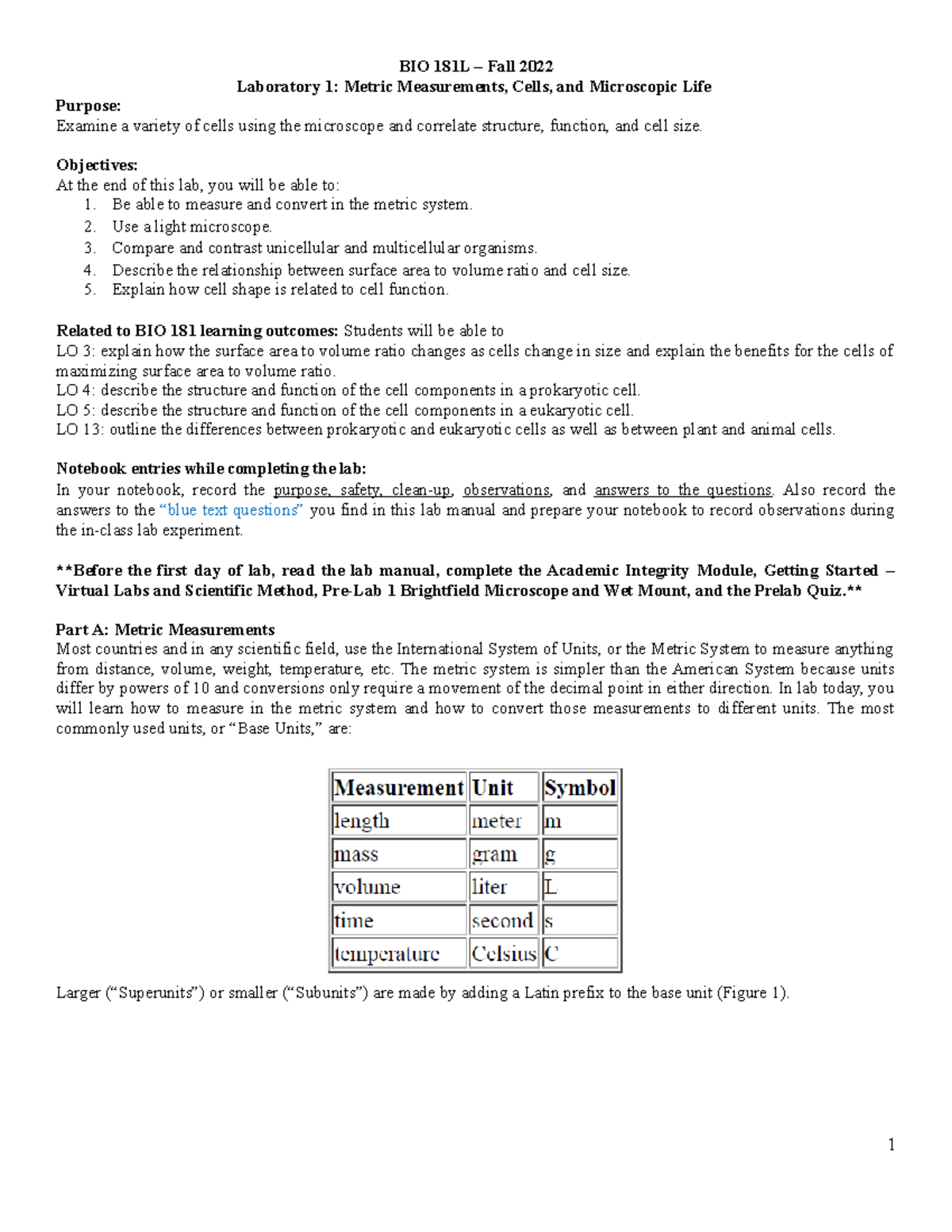 1. LAB 1 Cells F22 083122 - BIO 181L – Fall 2022 Laboratory 1: Metric Measurements, Cells, and ...