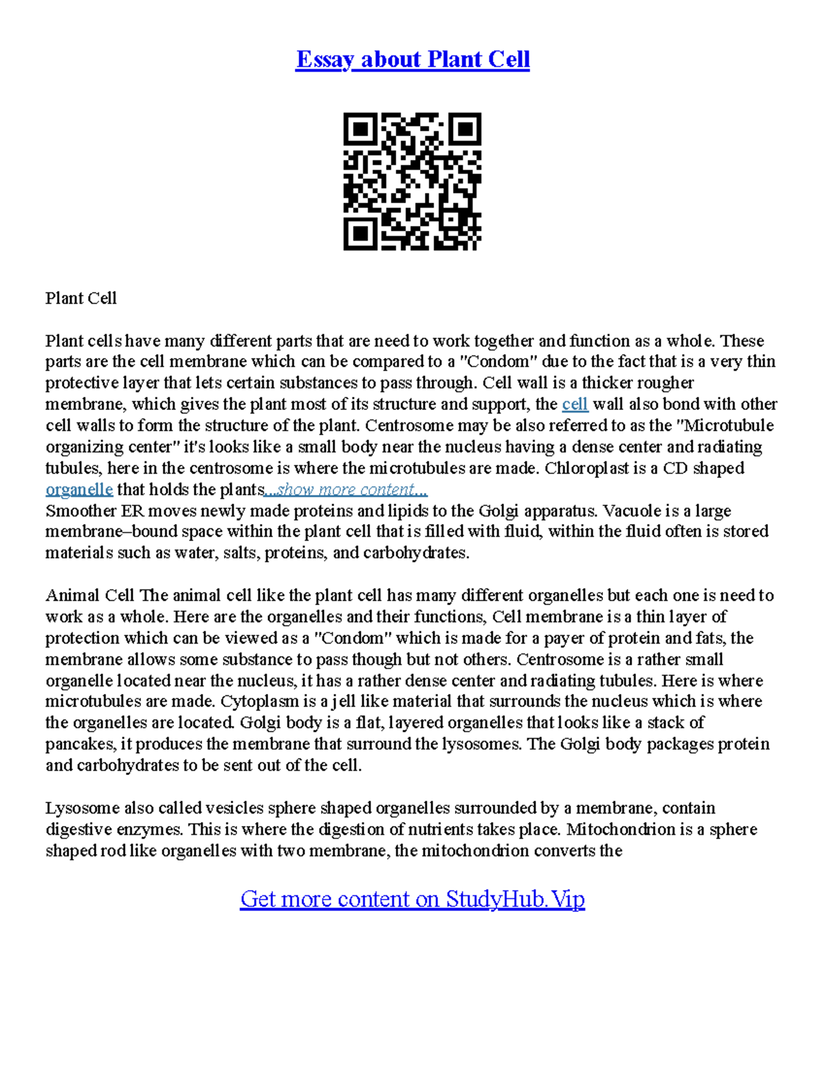 Essays Structure - Essay about Plant Cell Plant Cell Plant cells have ...