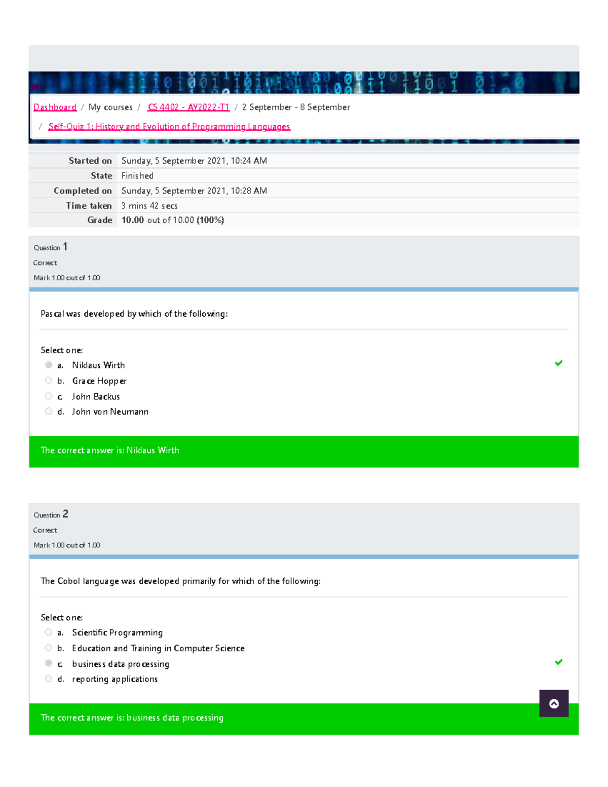 Self Quiz 1 History And Evolution Of Programming Languages Attempt Review Started On Sunday 5