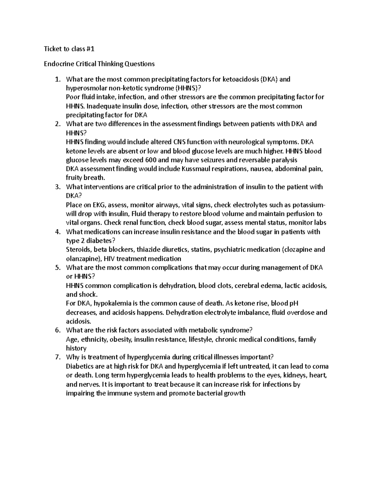 Ticket to class #1 - TTC - Ticket to class # Endocrine Critical ...