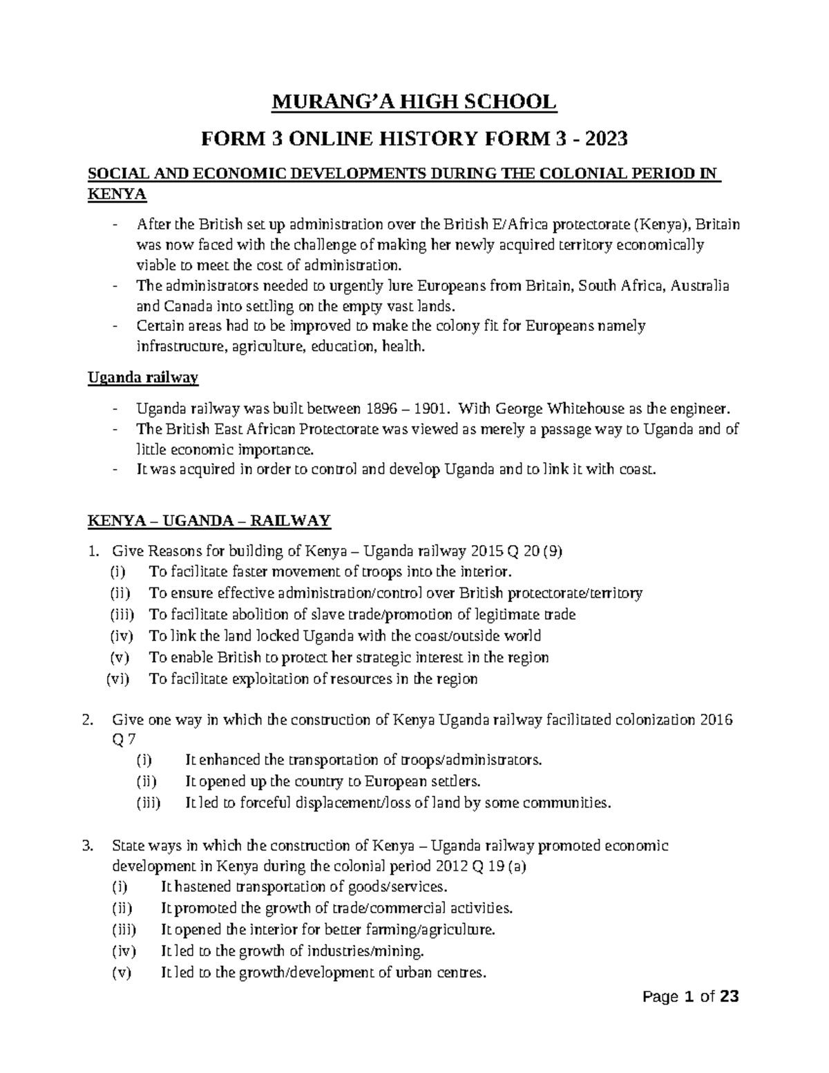 History FORM 3 Online TERM 1 2023 - MURANG’A HIGH SCHOOL FORM 3 ONLINE ...