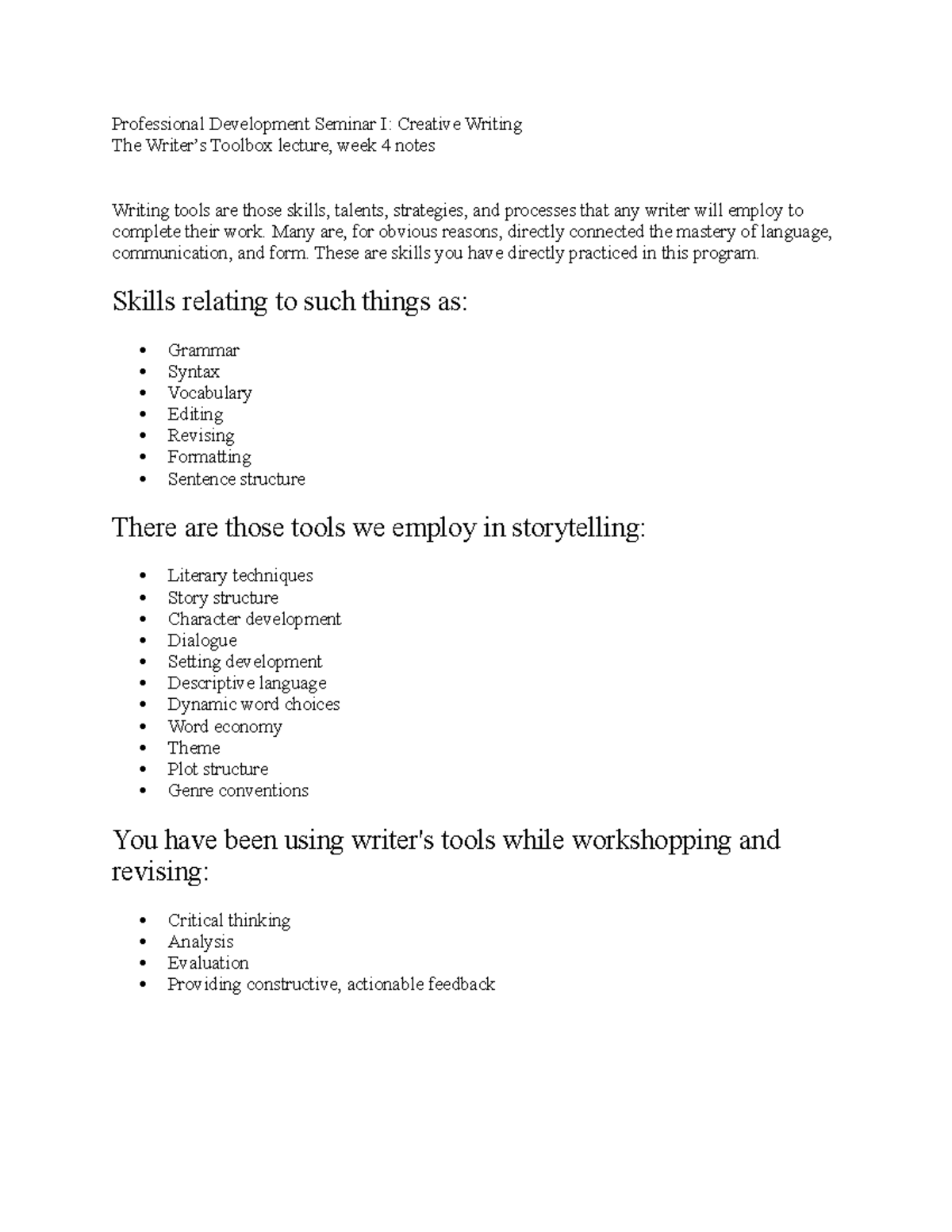 Professional Development Seminar: The Writer's Toolbox - Professional ...
