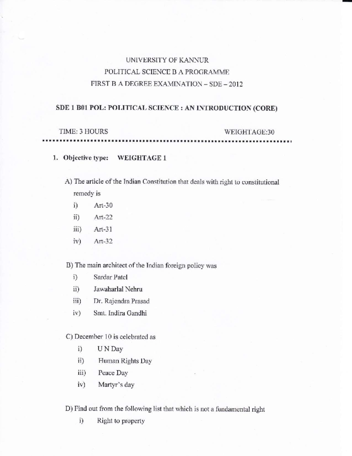 BA Political Science SDE model question papers - UNIVERSITY OF KANNUR ...