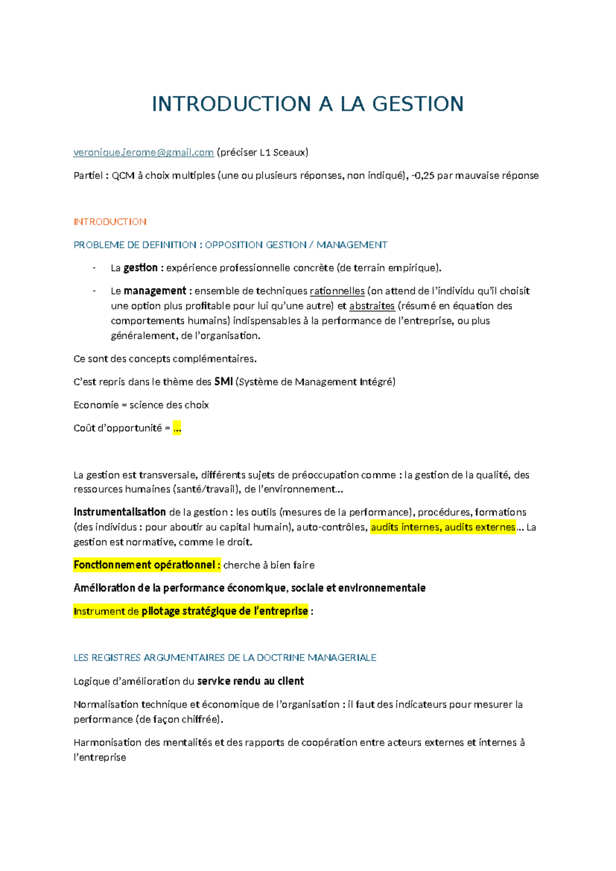 Introduction à la gestion - INTRODUCTION A LA GESTION veronique@gmail (préciser L1 Sceaux ...