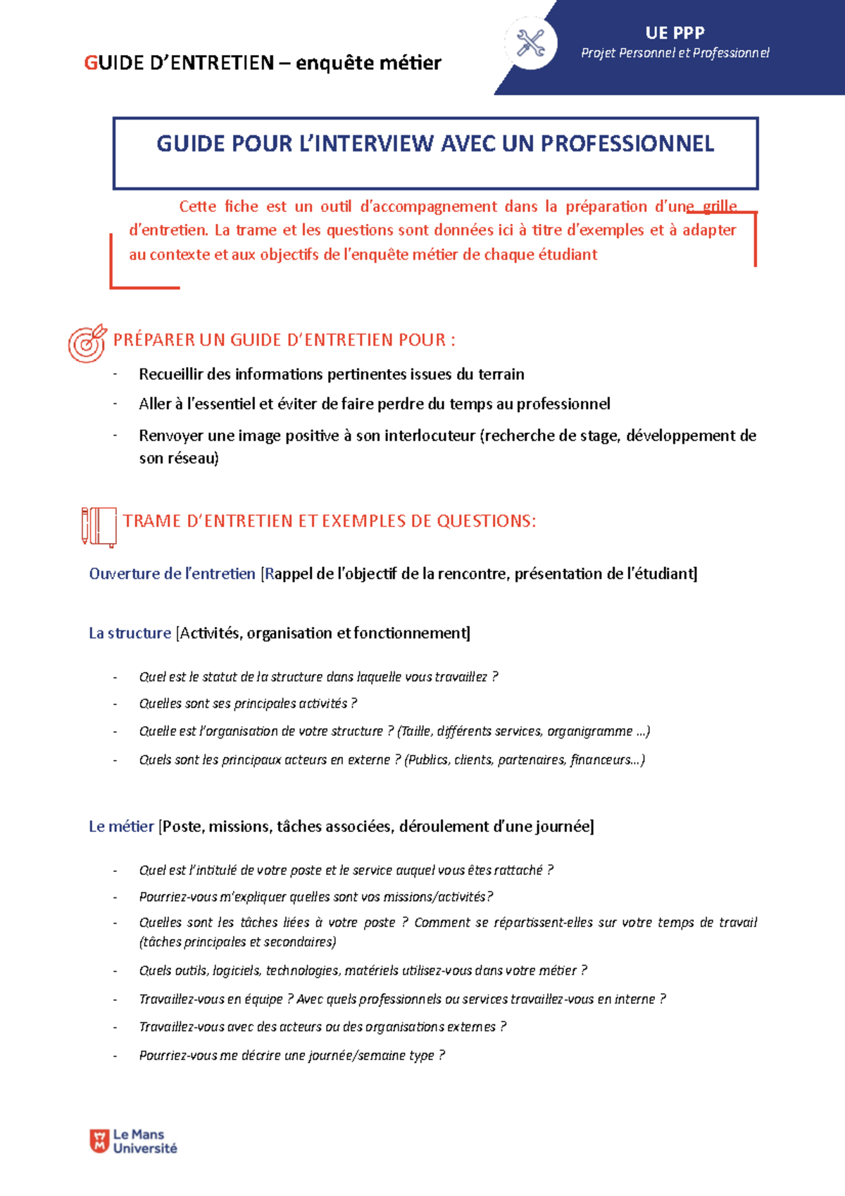 [PPP] - grille entretien - GUIDE D’ENTRETIEN – enquête mé 4 er UE PPP Projet Personnel et - Studocu