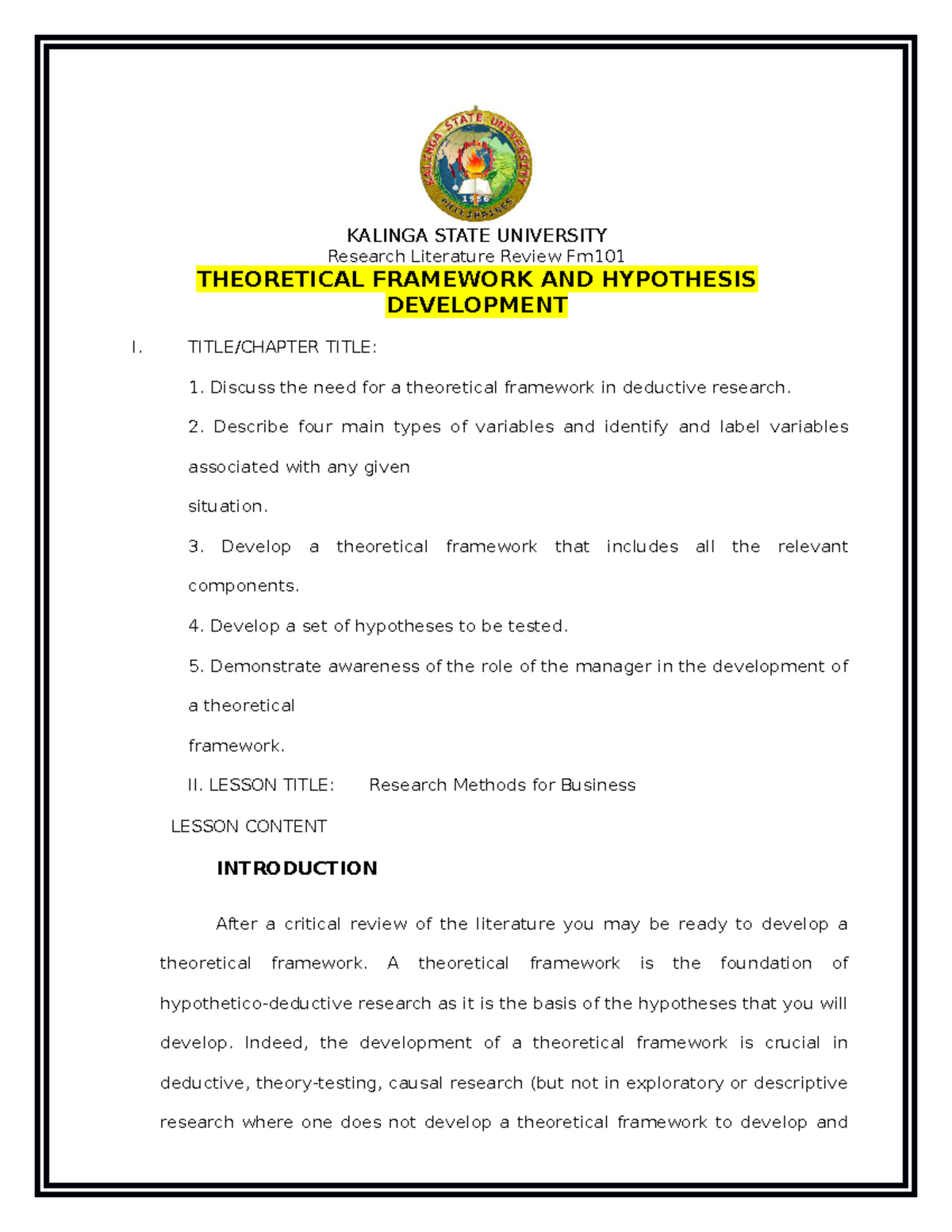 Theoretical framework and hypothesis development - KALINGA STATE ...