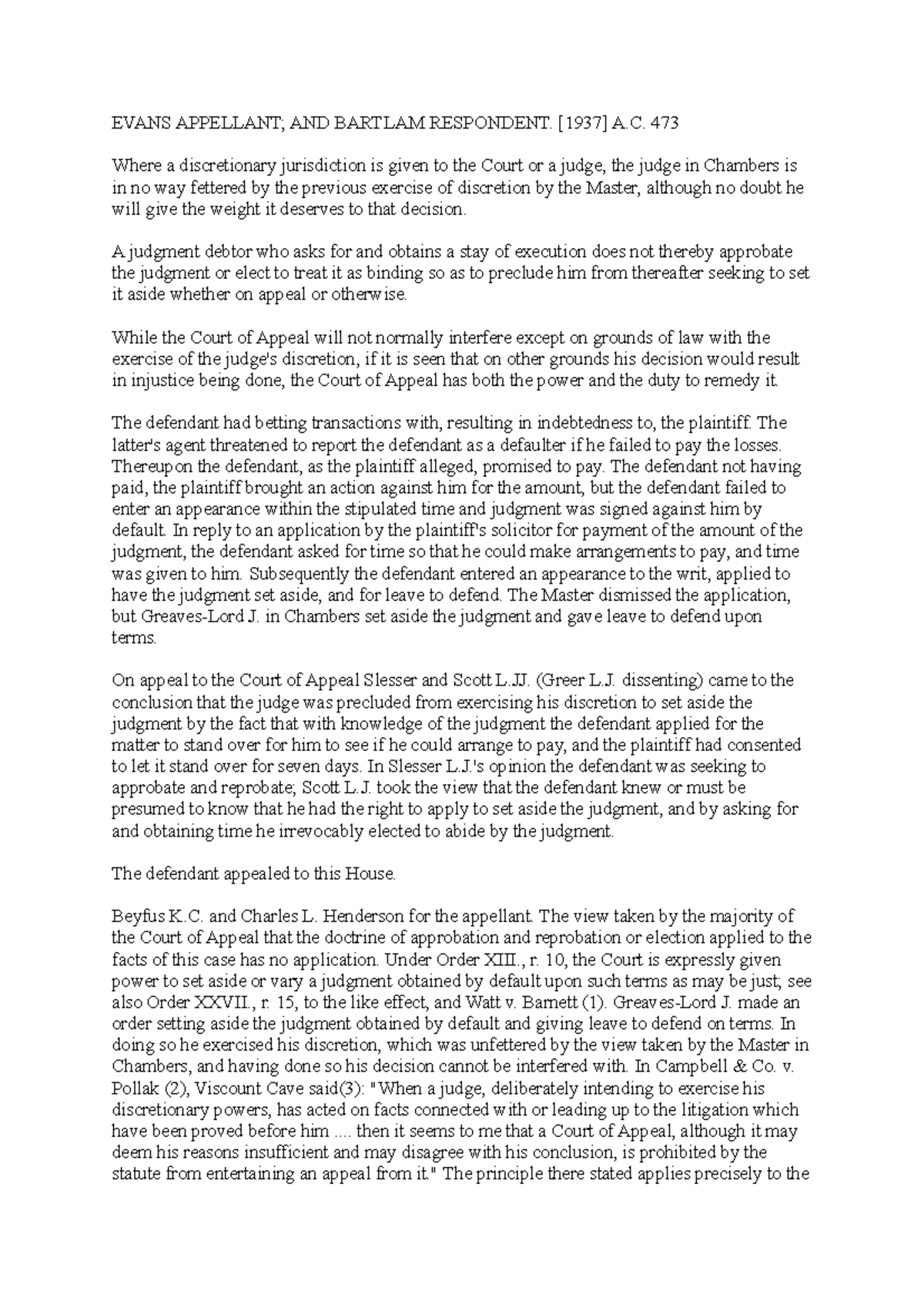 Evans v Bartlem - Case law in lexis advance - EVANS APPELLANT; AND ...