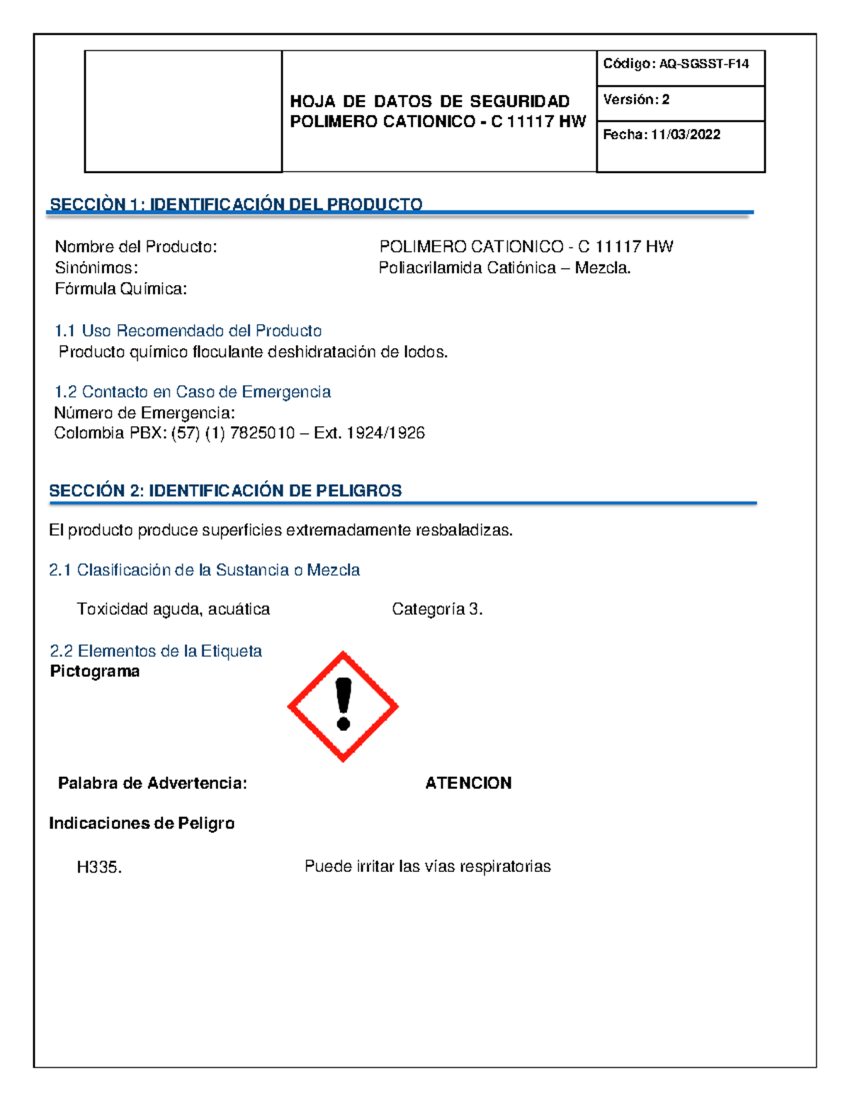 HDS Polimero Cationico C 11117 HW - HOJA DE DATOS DE SEGURIDAD POLIMERO ...