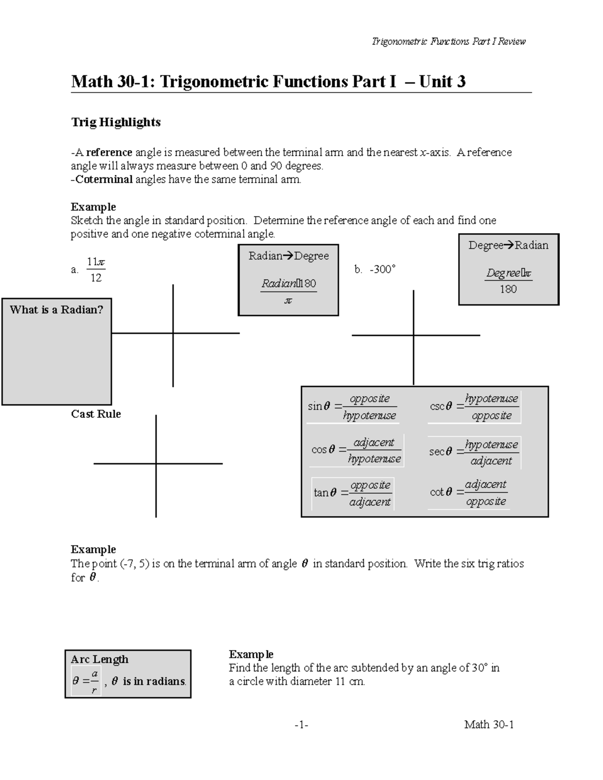 Trigonometric Functions Part I Review - Math 30-1: Trigonometric Functions Part I – Unit 3 Trig ...