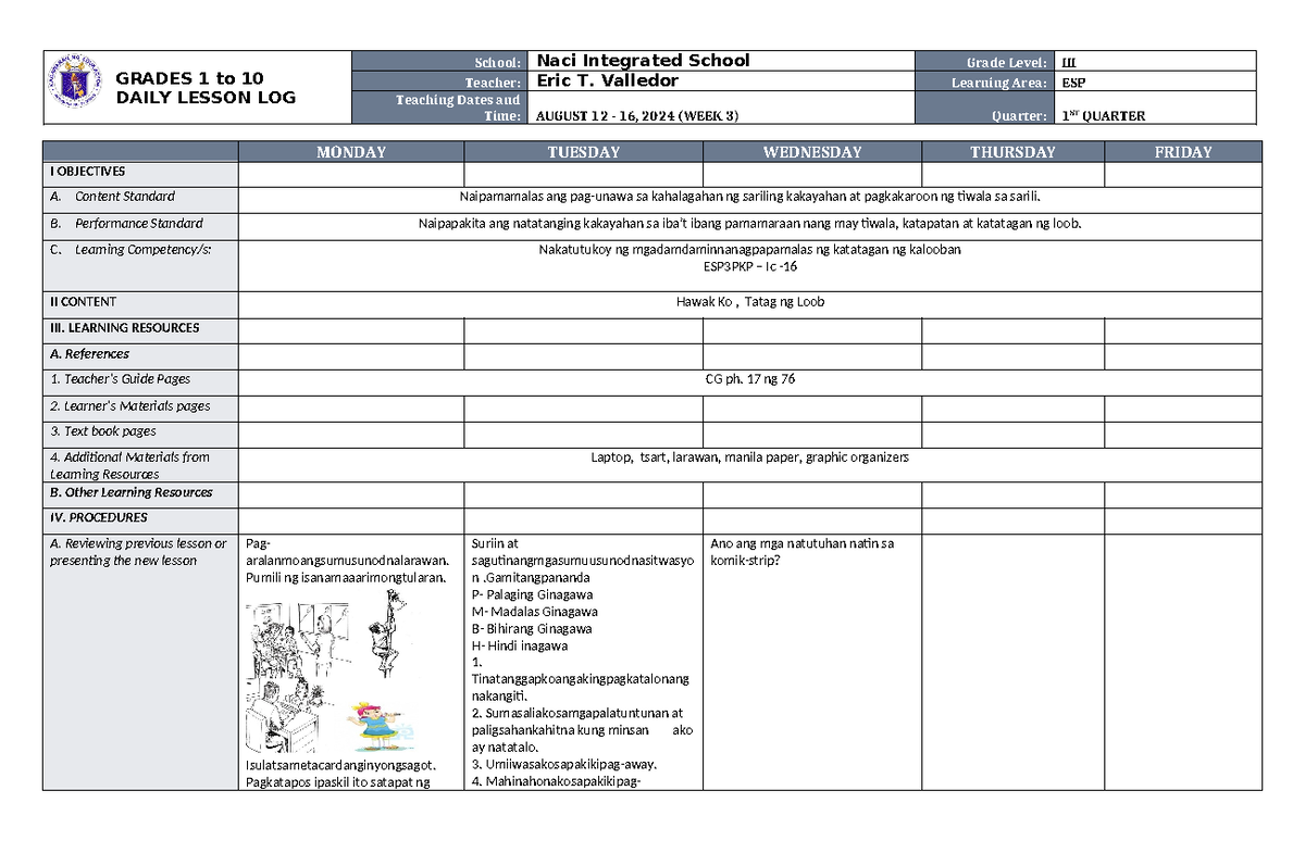 DLL ESP 3 Q1 W3 - Bachelor of Elementary Education - GRADES 1 to 10 DAILY LESSON LOG School ...