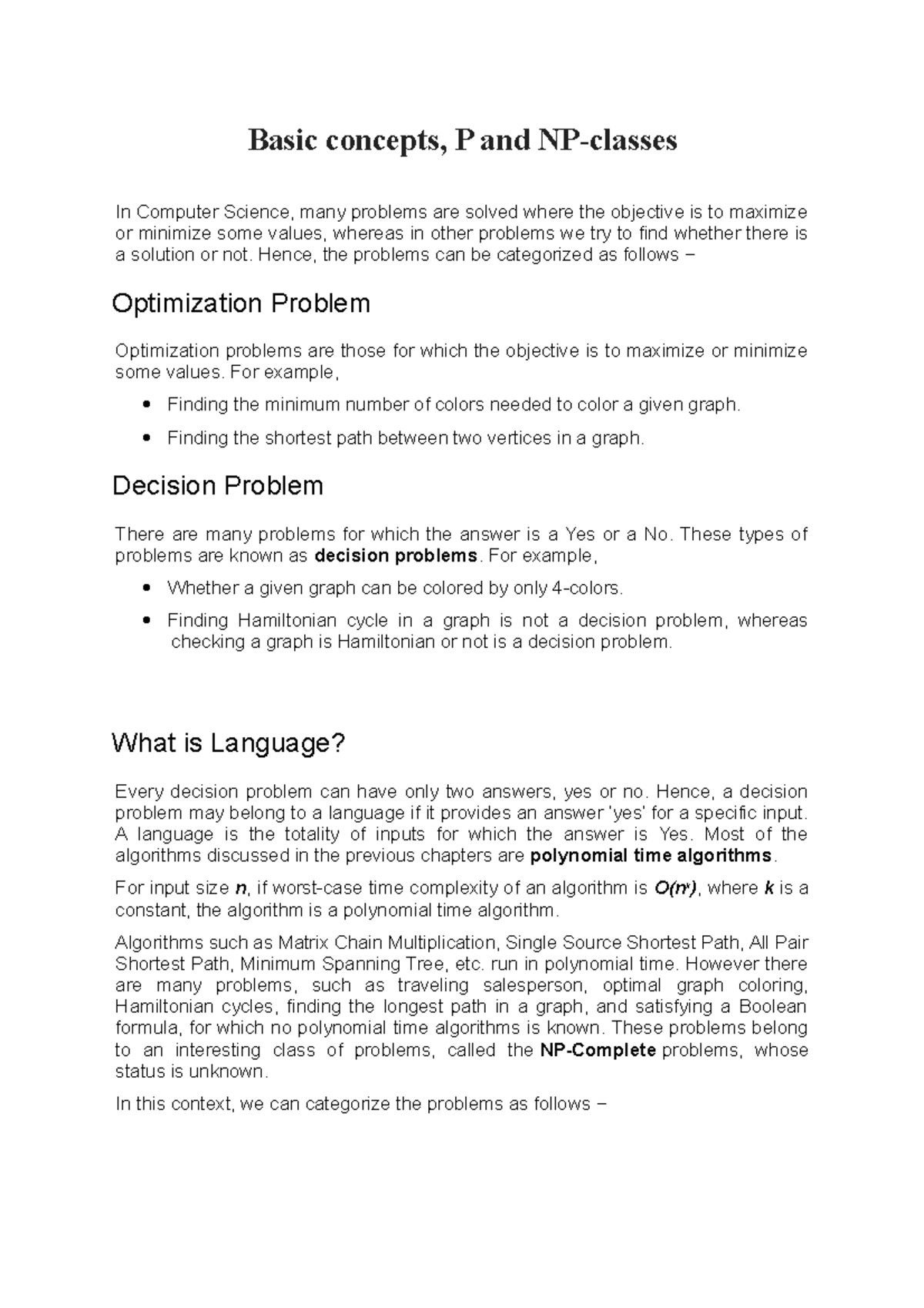 8.1 Basic concepts, P and NP-classes - Hence, the problems can be ...