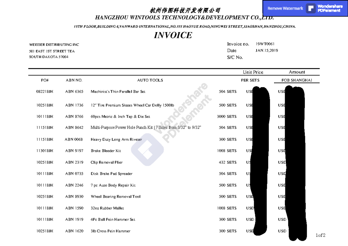 ABN-0075 - ASDASDASD - WEISSER DISTRIBUTING INC Invoice no. 19WT 501 ...