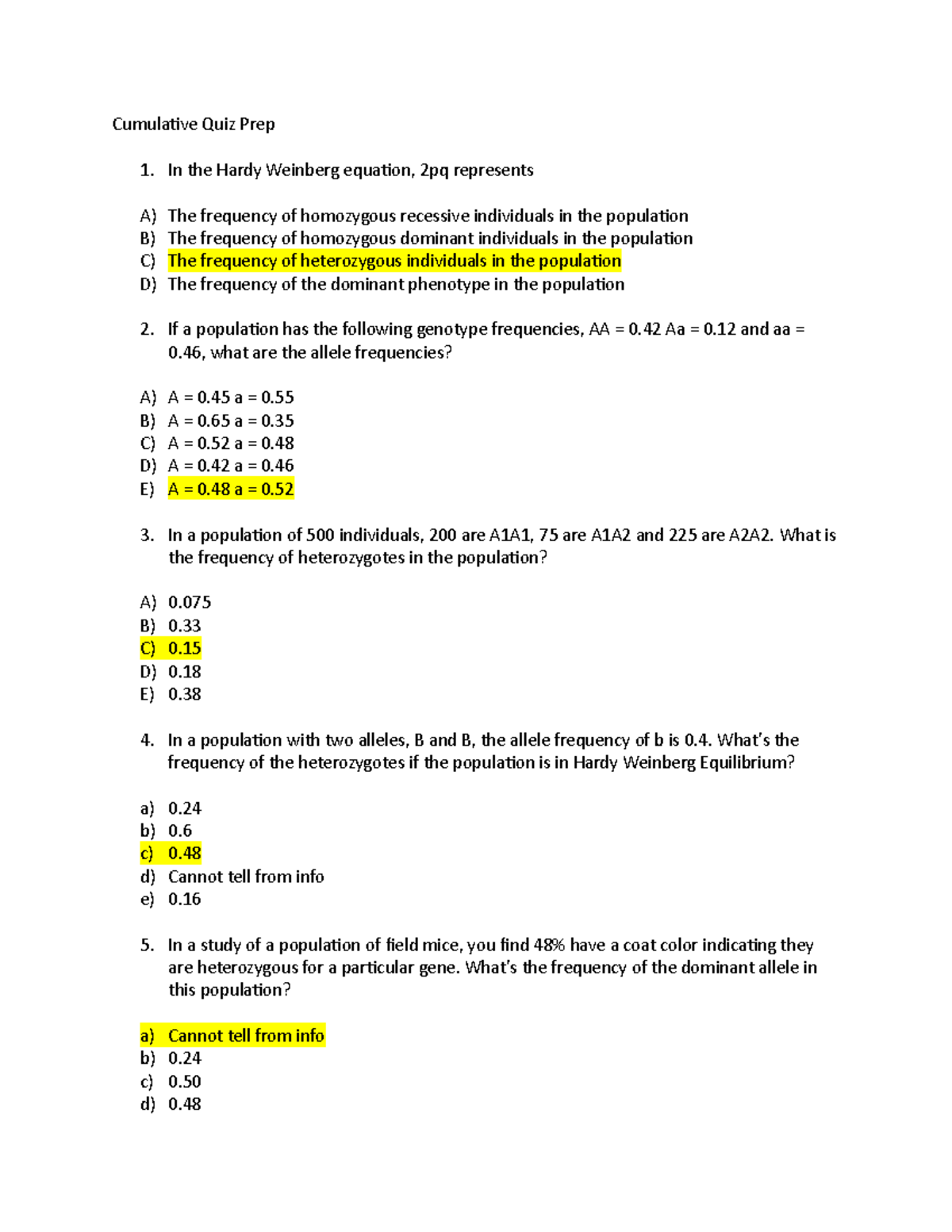 Cumulative Quiz Prep Key - Cumulative Quiz Prep In the Hardy Weinberg equation, 2pq represents A ...