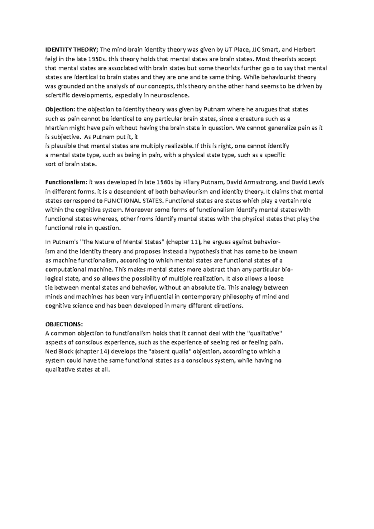 Identity Theory - smart and putnam - IDENTITY THEORY; The mind-brain ...