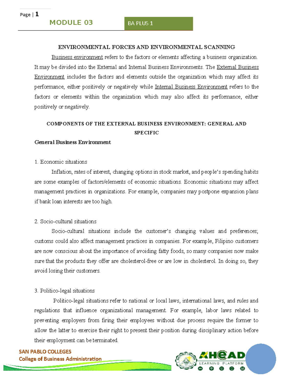 Module 3 Lecture Notes 54 San Pablo Colleges Module 03 Ba Plus 1 Environmental Forces And