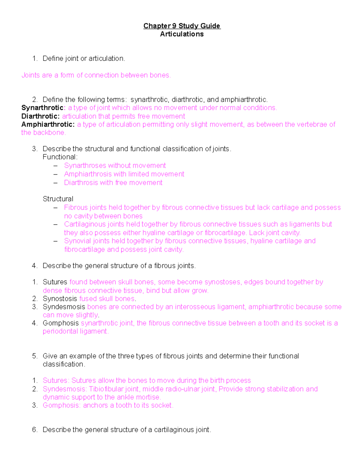 Articulation Study Guide - Chapter 9 Study Guide Articulations Define ...