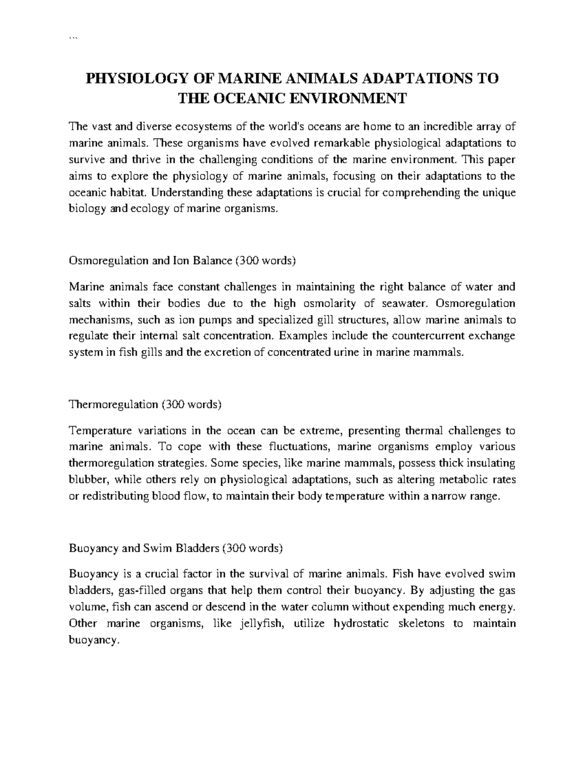 Physiology OF Marine Animals Adaptations TO THE Oceanic Environment ...