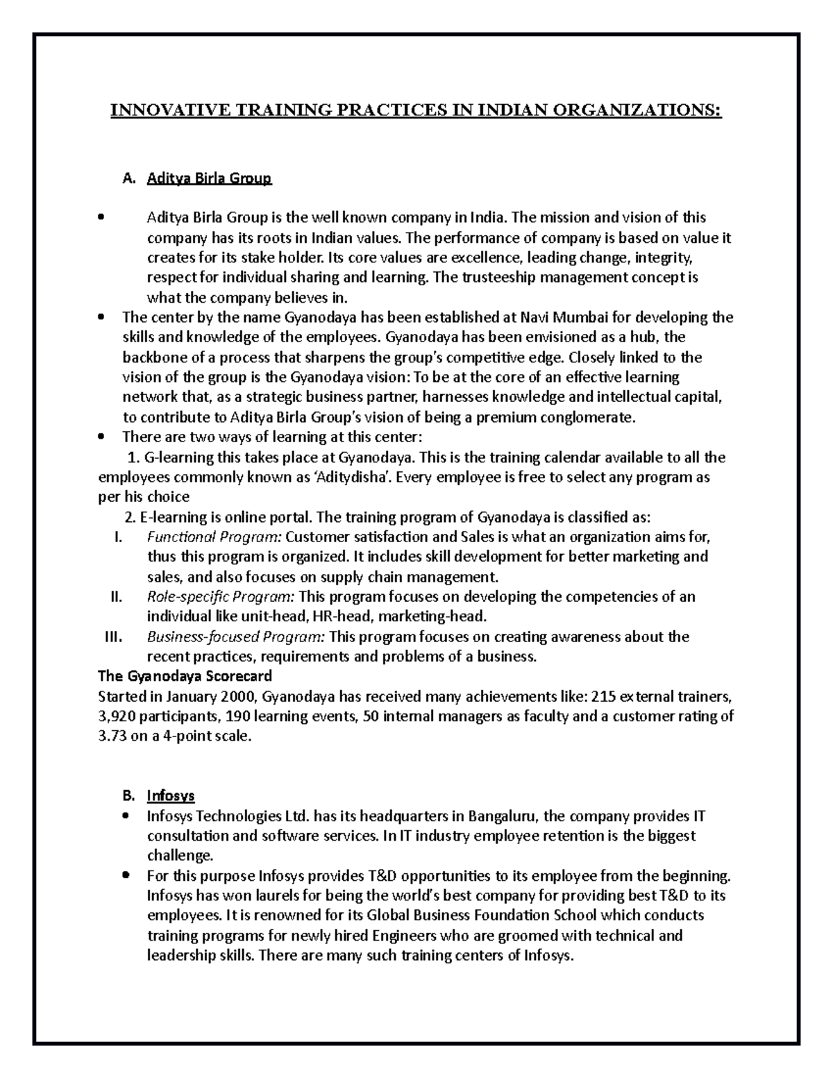 Learning & Development Report - INNOVATIVE TRAINING PRACTICES IN INDIAN ...