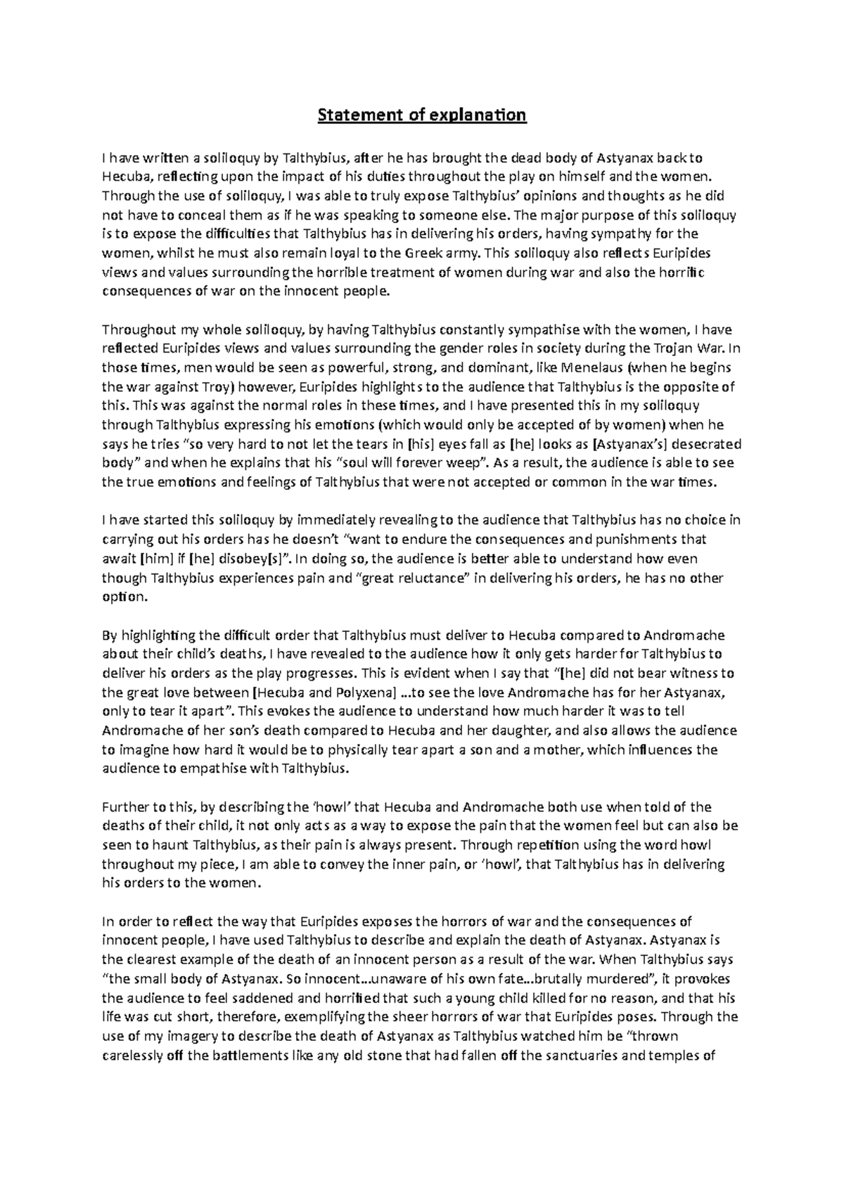Statement of explanation talthybius soliloquy - Statement of ...