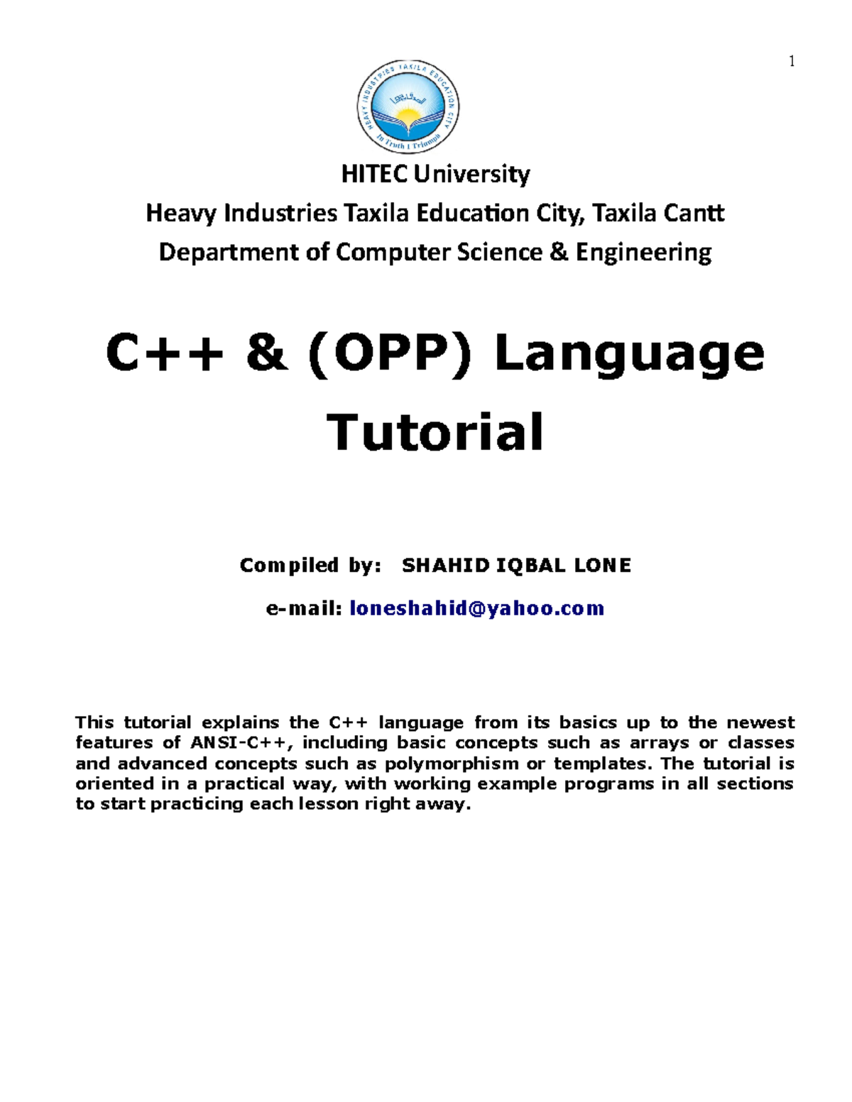 Oop Lecture Notes Basics Of Oop Hitec University Heavy Industries