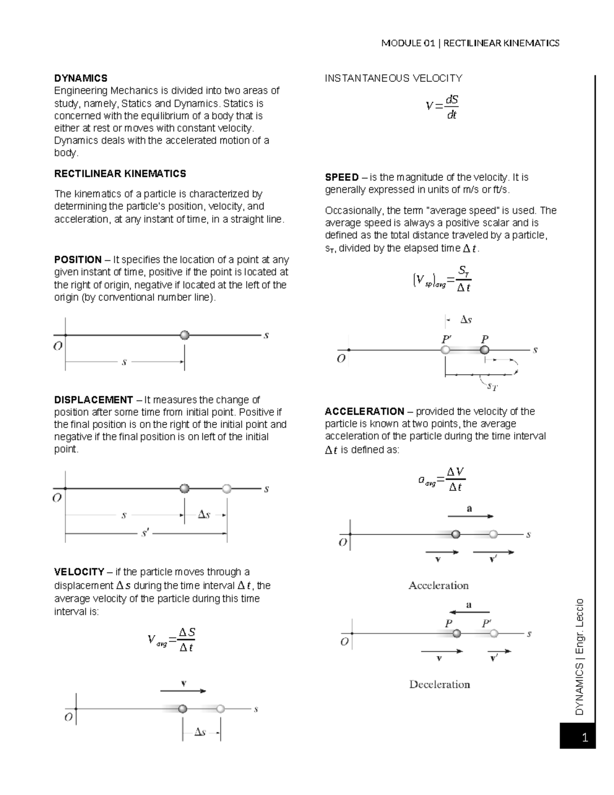 Module 01 Rectilinear Kinematics - DYNAMICS | Engr. Leccio 1 MODULE 01 | RECTILINEAR KINEMATICS ...