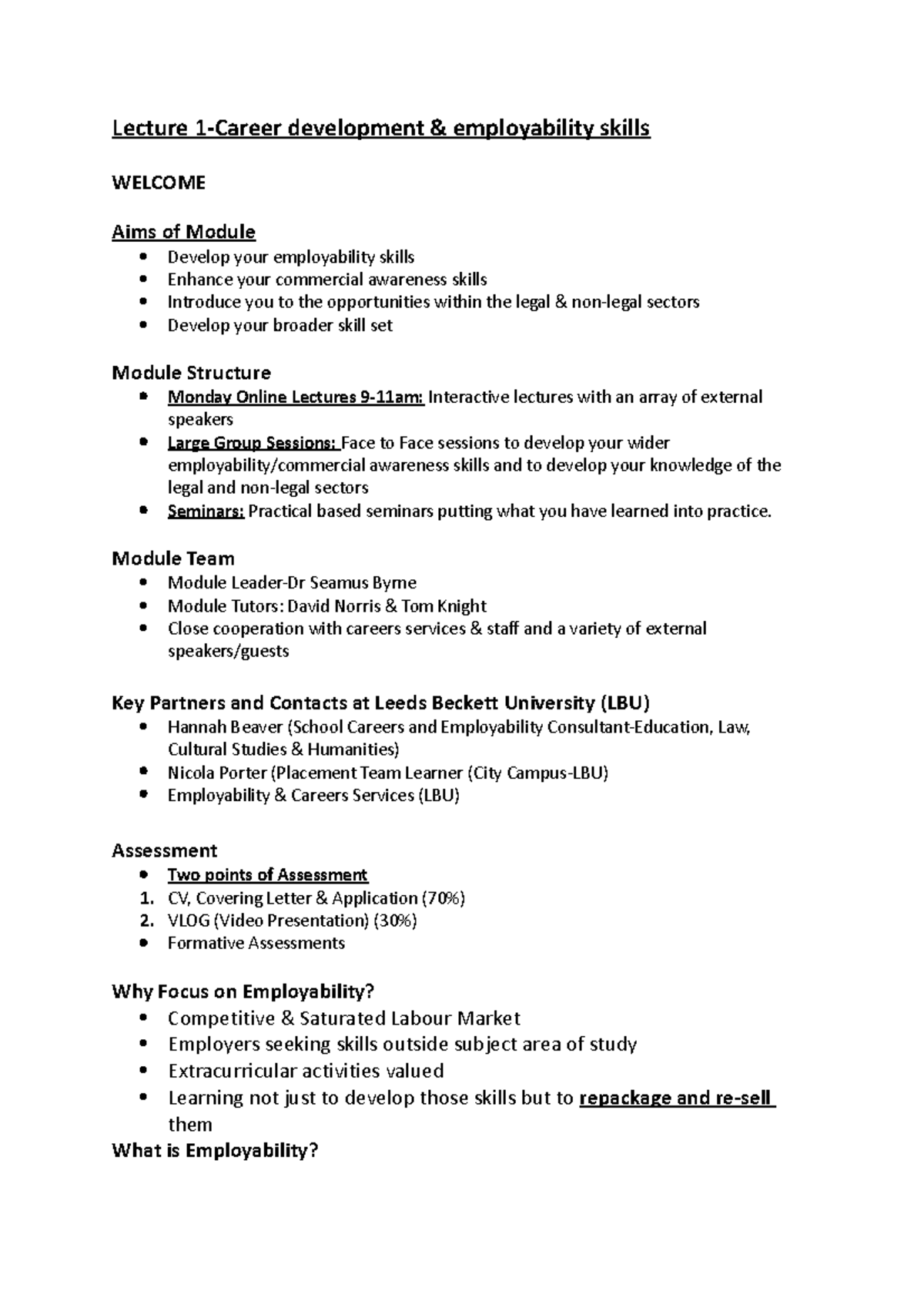 Lecture 1 Career development and employability skills - Lecture 1 ...