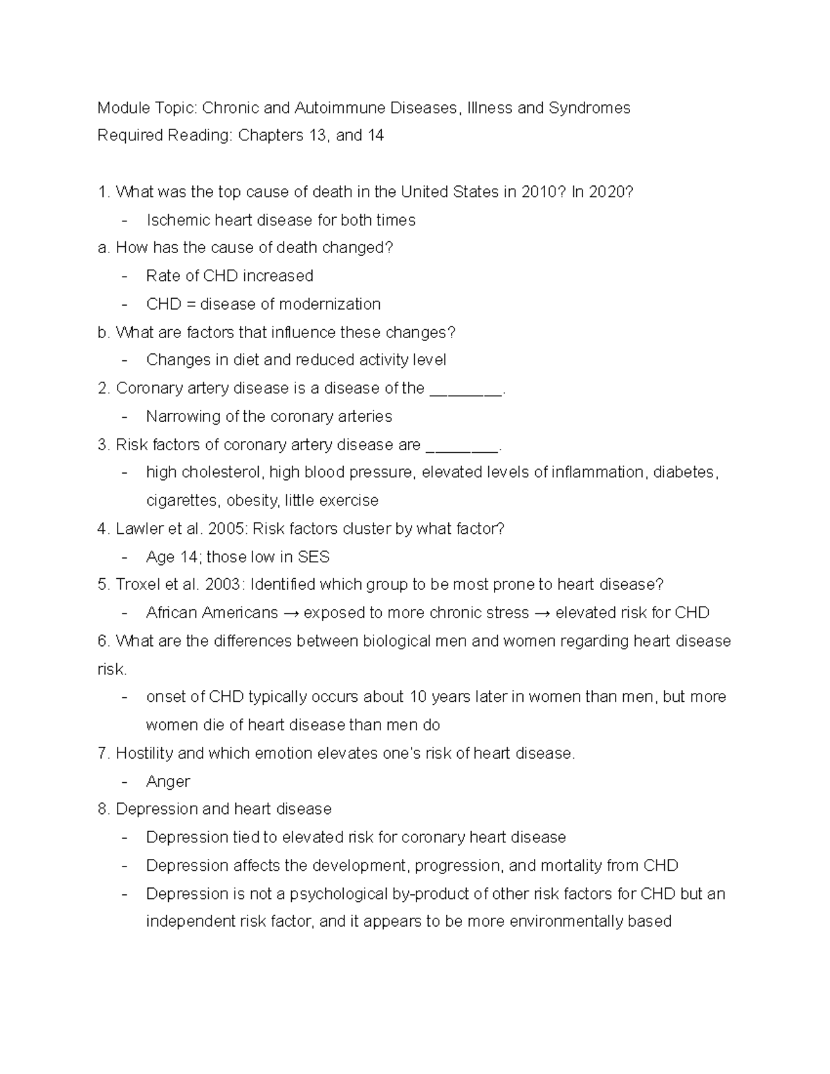 Health Psych Exam 2 Study Sheet - Module Topic: Chronic and Autoimmune ...