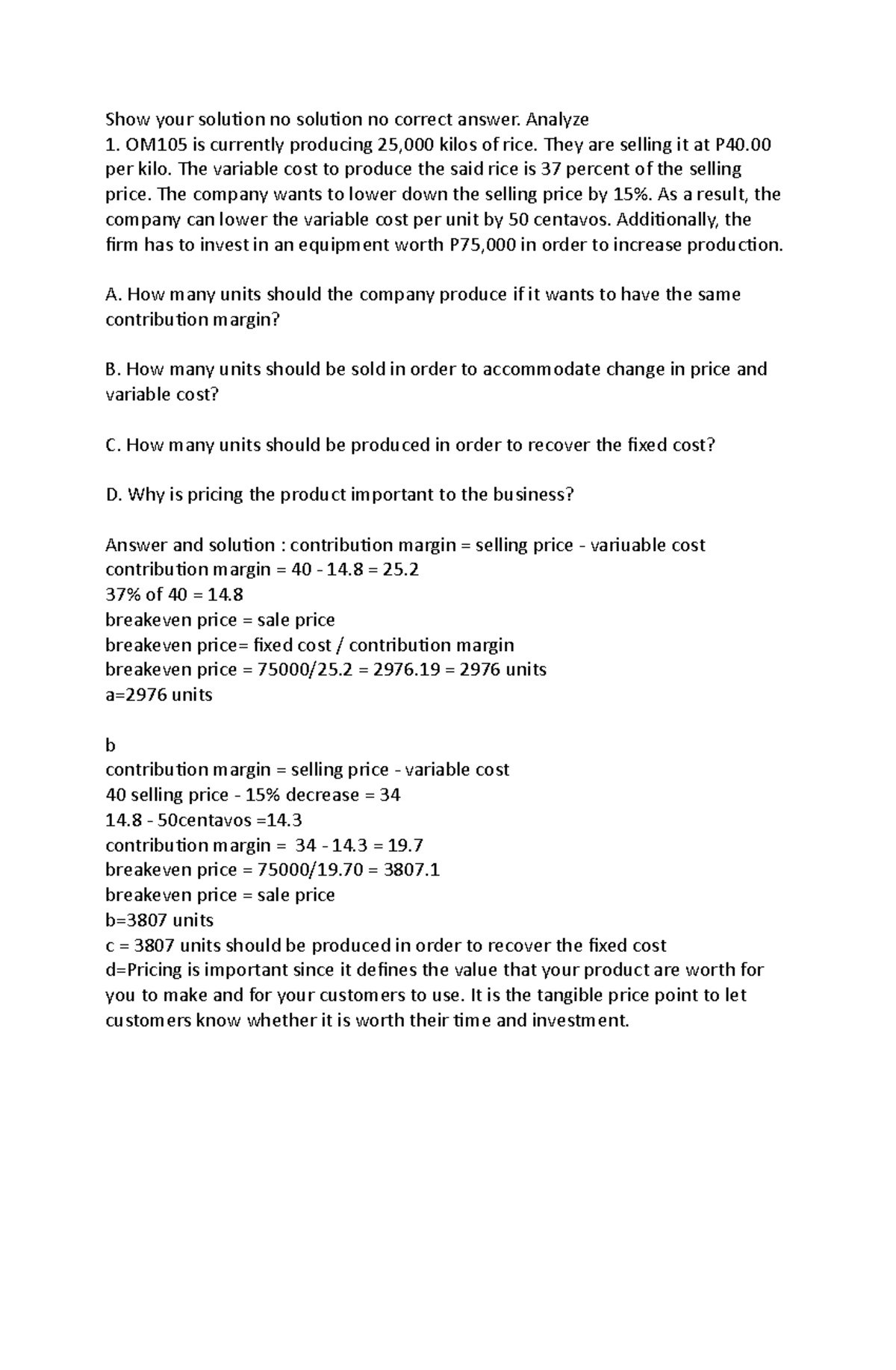 Endterm quiz #5 pricing your product - Show your solution no solution ...