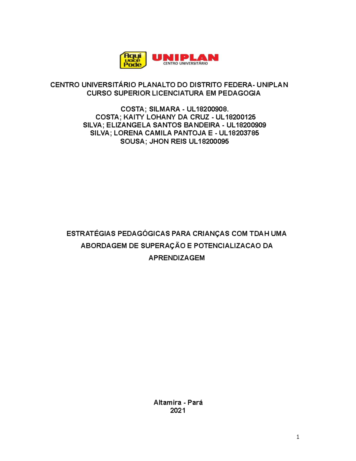 TCC Uniplan Kayte PDF - TCC sobre autismo. - 1 CENTRO UNIVERSITÁRIO PLANALTO DO DISTRITO FEDERA ...